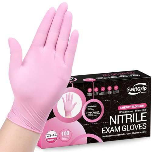 SwiftGrip Pink Disposable Exam Gloves, X-Small, 100-ct Box, Powder-Free, Latex-Free, Medical Grade Gloves for Cleaning & Esthetician