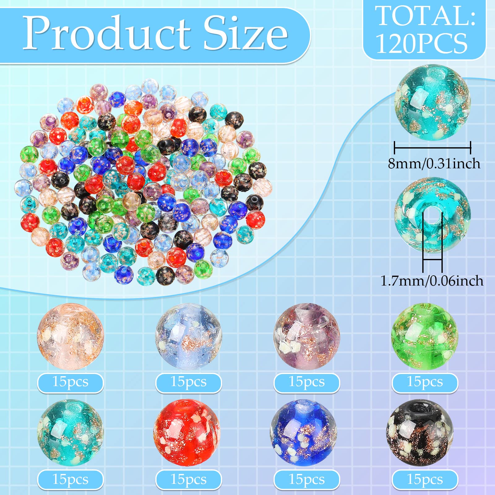 Lyrow 120 Pcs Luminous Glass Beads 8mm Round Beads Bulk Glow in The Dark Beads Glass Round Loose Spacer Ball Beads for Making DIY Craft(Multicolor)