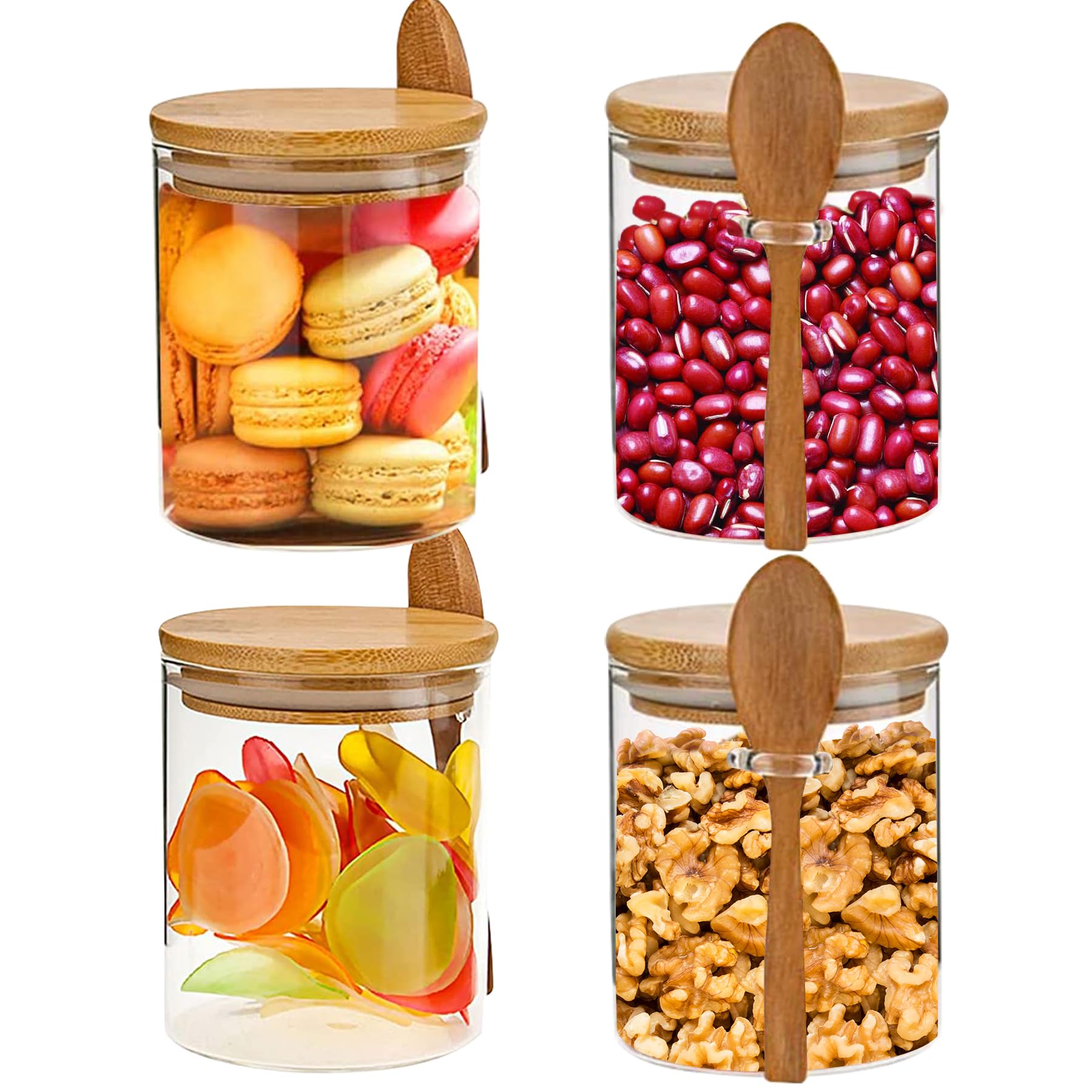 KDAWRO Airtight Glass Jars with Bamboo Lids & Bamboo Spoons, 19Oz 4PACK Borosilicate Glass Food Storage Sugar Containers, Durable Glass Canisters Hold Coffee Beans, Tea, Flour, Candy, Bath Salts