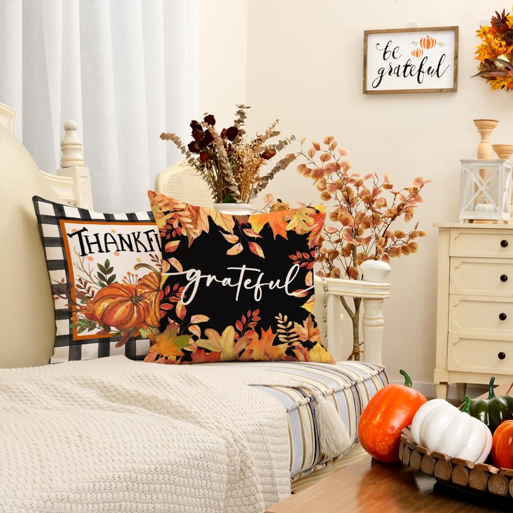 GEEORY Fall Decorative Throw Pillow Covers 18 x 18 Inch Set of 4, Thankful Grateful Blessed Harvest Pumpkin Gnome Thanksgiving Fall Decor Outdoor Farmhouse Pillow Cases for Home Couch G345-18