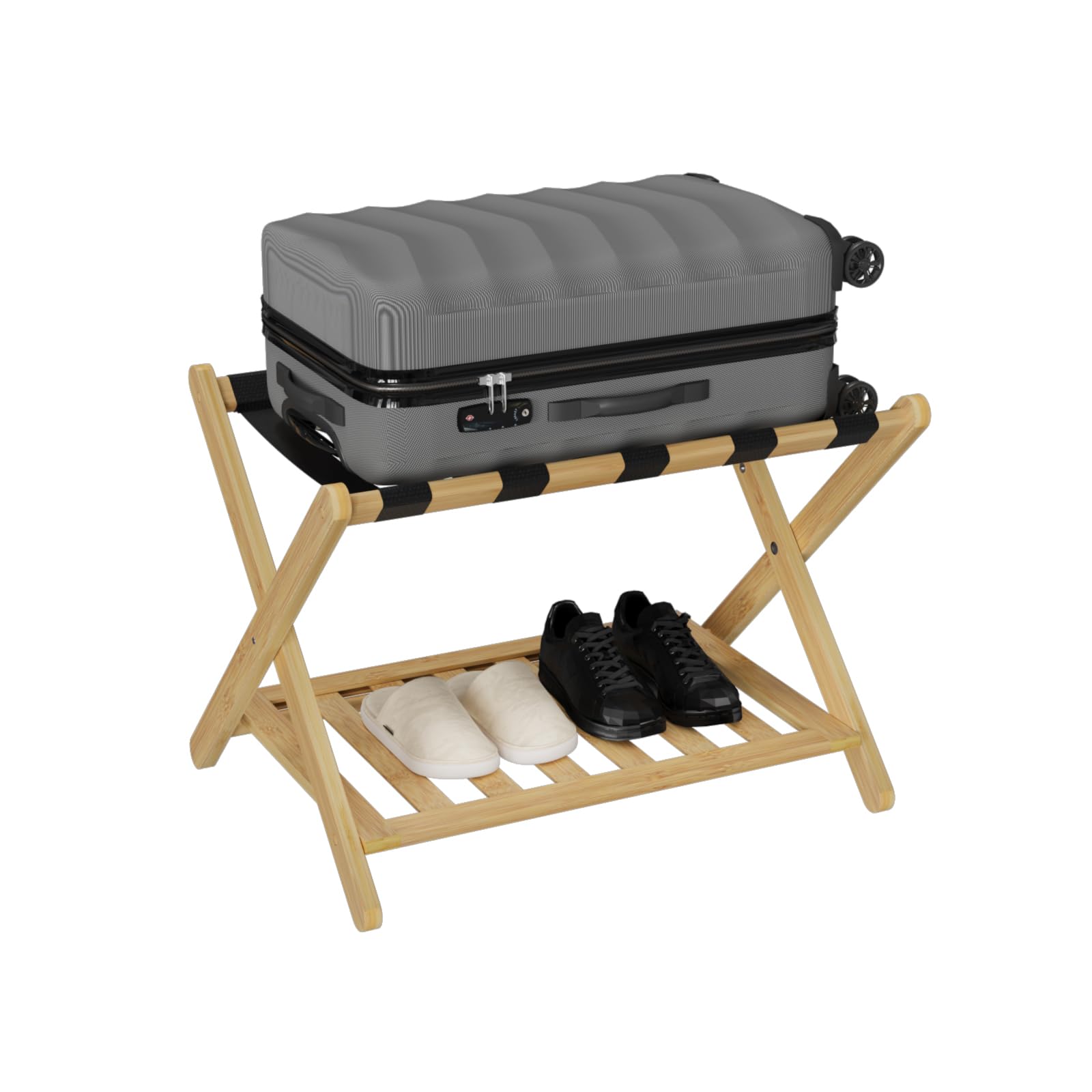 Smuxee Fully Assembled Luggage Rack for Guest Room, Upgraded Bamboo Foldable Suitcase Stand with 5 Nylon Straps, Nature Luggage Holder with Shelf for Bedroom Hotel (Nature Luggage Rack 1pcs)