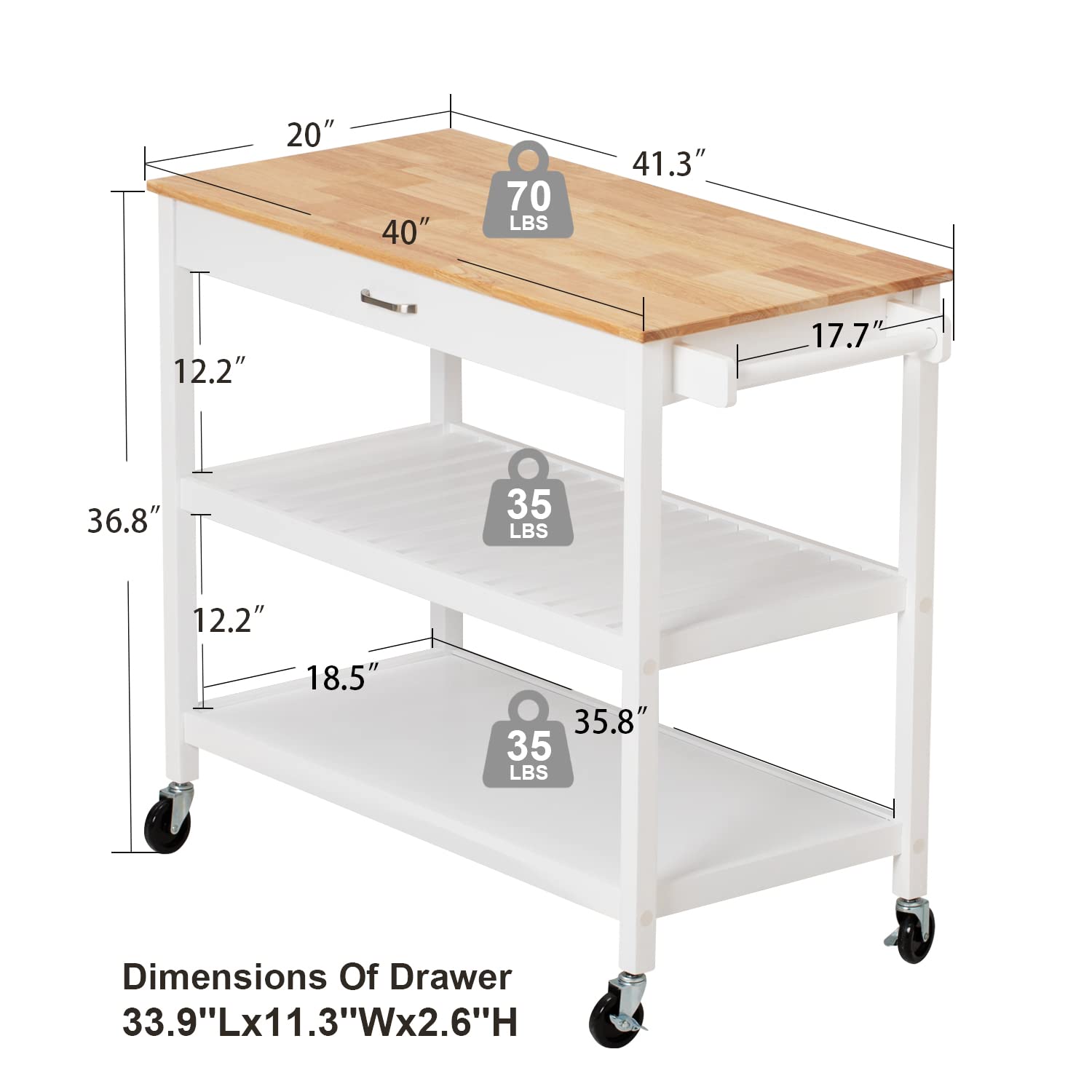 Kitchen Island Carts on Wheels with Storage – Mobile Rolling Cart with Storage Drawer and Shelves, Kitchen Islands Table with Towel Rack, Rubberwood Top, for Kitchen and Dining Room, White