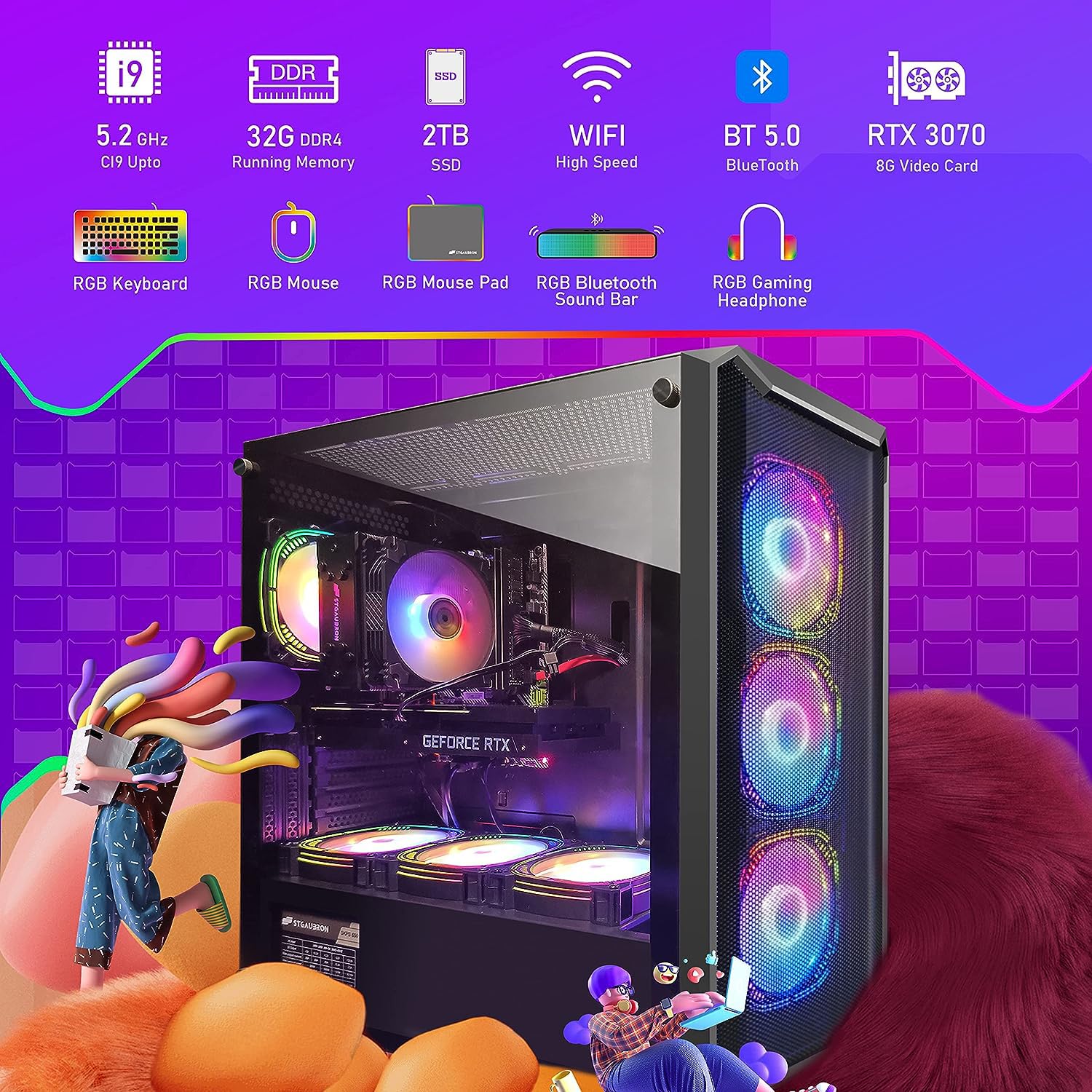 STGAubron Gaming PC Computer Desktop, GeForce RTX 3070 8G, Intel Core i9-11900KF up to 5.3G, 32G DDR4, 2T SSD, WiFi, BT 5.0, RGB Fan x7, RGB BT Sound Bar & Gaming Mic, Windows 11 Home