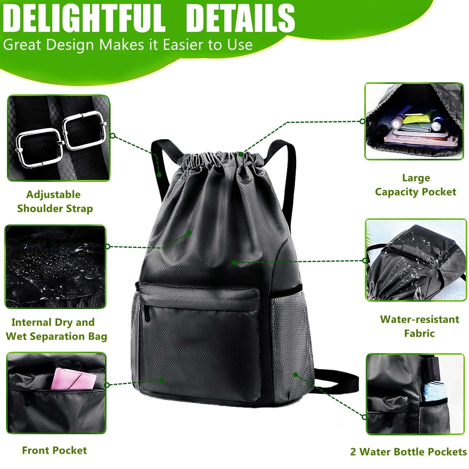 BLIRITEL Drawstring Backpack Waterproof String Bag, Gym Sackpack Sports Fitness Yoga Bag, Shopping Casual Backpack for Men Women (Black)