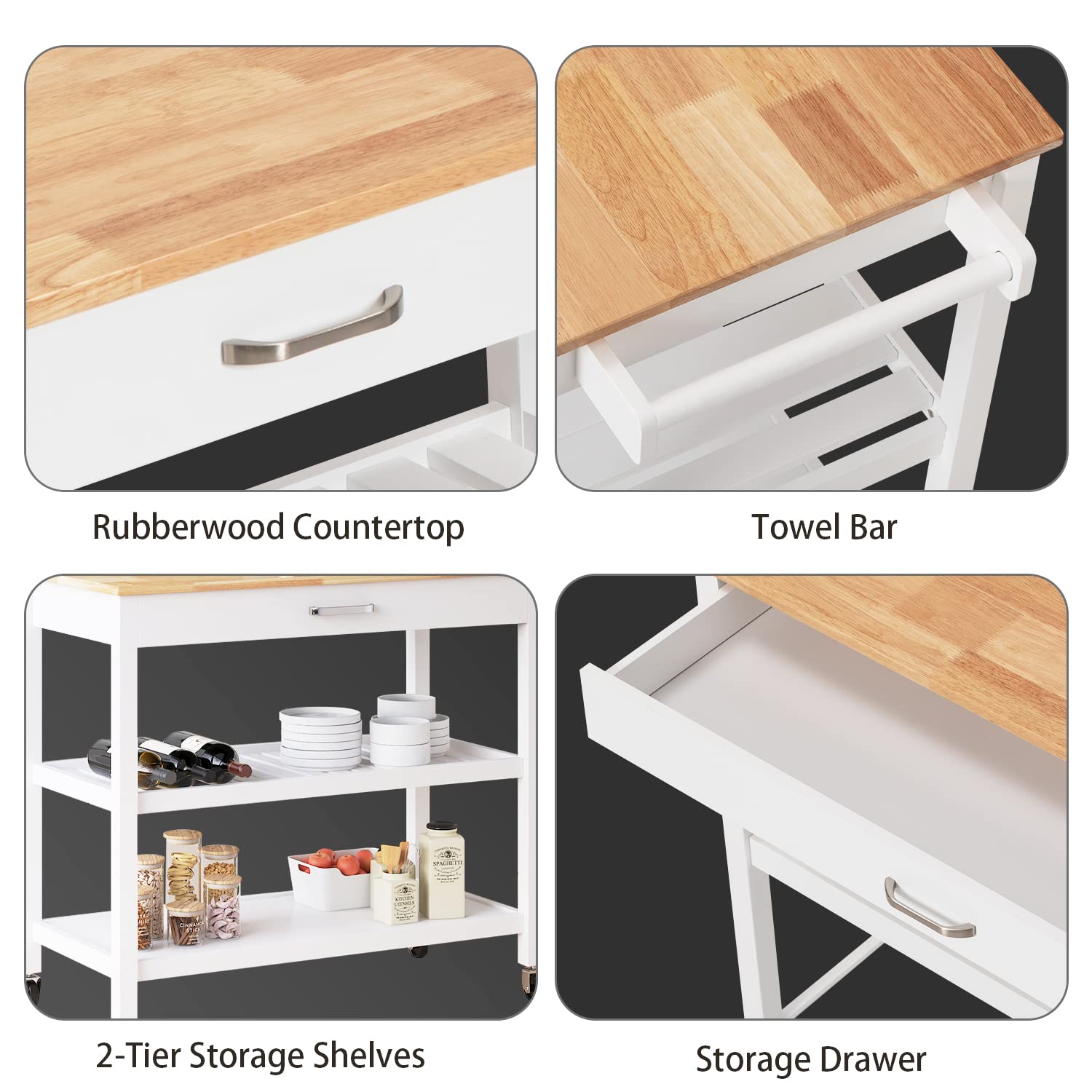 Kitchen Island Carts on Wheels with Storage – Mobile Rolling Cart with Storage Drawer and Shelves, Kitchen Islands Table with Towel Rack, Rubberwood Top, for Kitchen and Dining Room, White