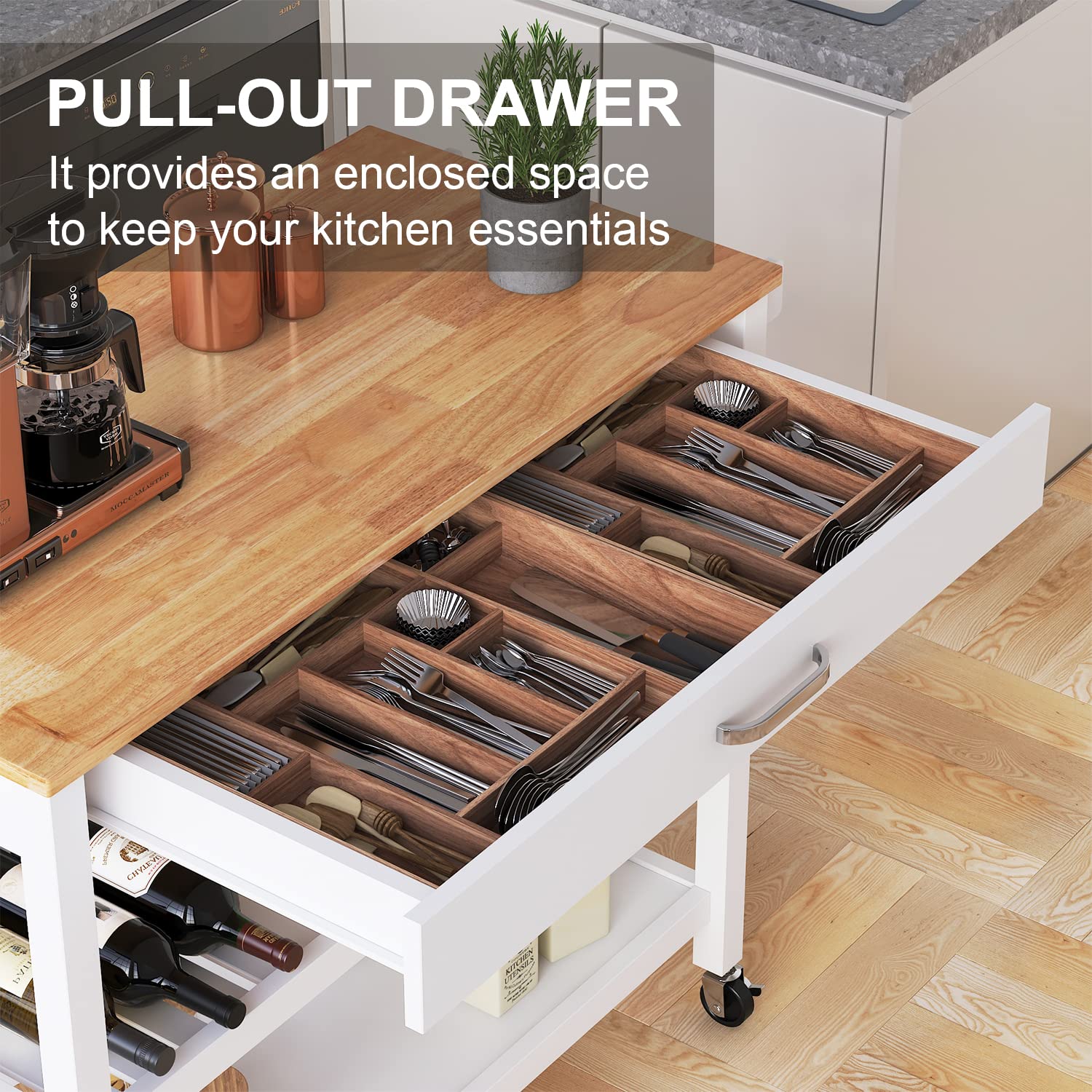 Kitchen Island Carts on Wheels with Storage – Mobile Rolling Cart with Storage Drawer and Shelves, Kitchen Islands Table with Towel Rack, Rubberwood Top, for Kitchen and Dining Room, White