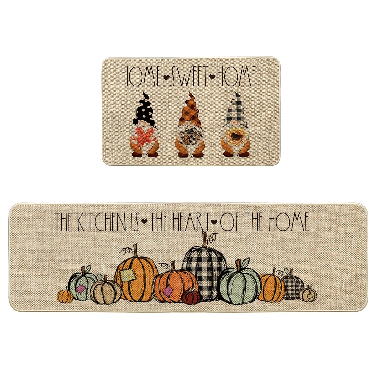 Artoid Mode Home Sweet Home Gnome Pumpkin Decorative Kitchen Mats Set of 2, The Kitchen is The Heart of The Home Seasonal Fall Holiday Party Vintage Low-Profile Floor Mat - 17x29 and 17x59 Inch