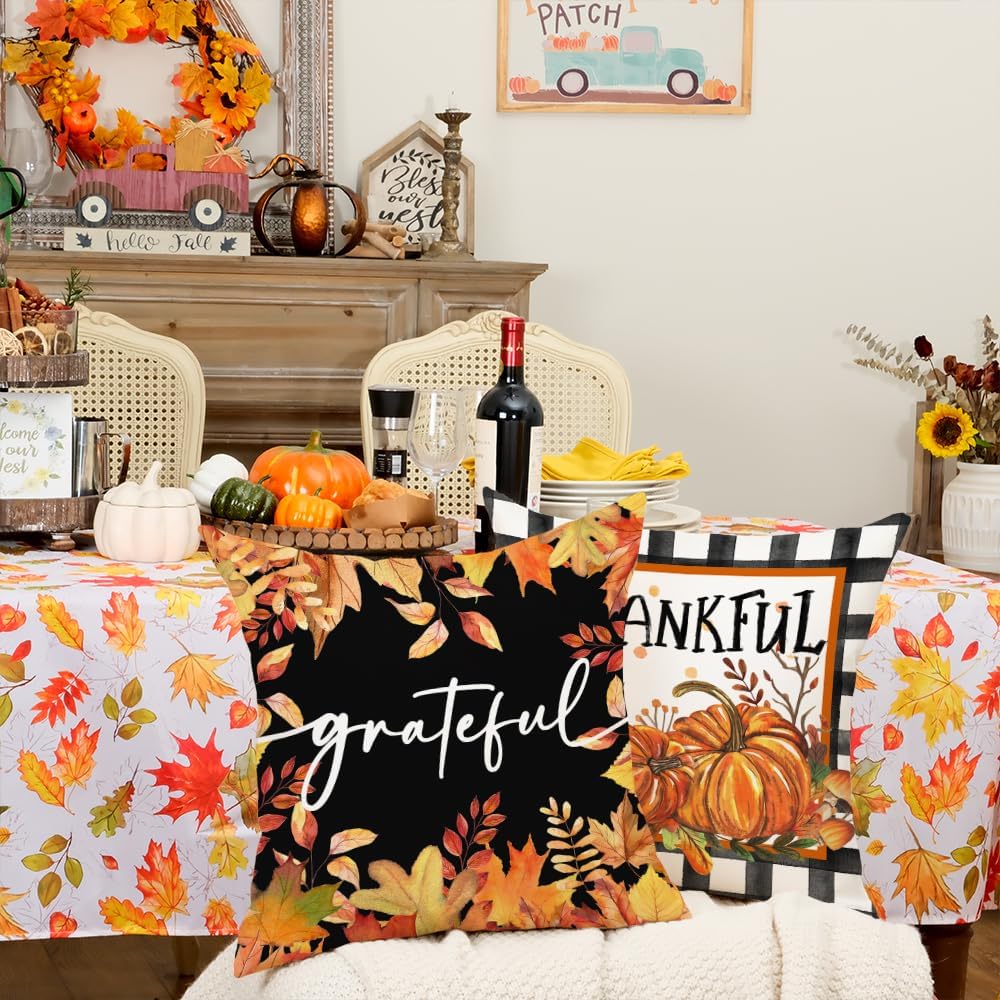GEEORY Fall Decorative Throw Pillow Covers 18 x 18 Inch Set of 4, Thankful Grateful Blessed Harvest Pumpkin Gnome Thanksgiving Fall Decor Outdoor Farmhouse Pillow Cases for Home Couch G345-18