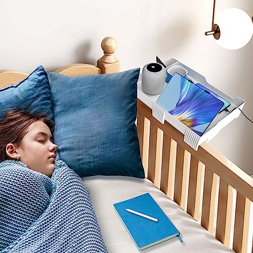 JUMEIHUI Folding Bedside Shelf for Bed College Dorm,Bunk Bed Shelf for Top Bunk,Bed Shelf Organizer with Cup Holder,Bed Accessories,Bedside Organizer for Phones,Kindle,Book,Remote,CPAP(White)