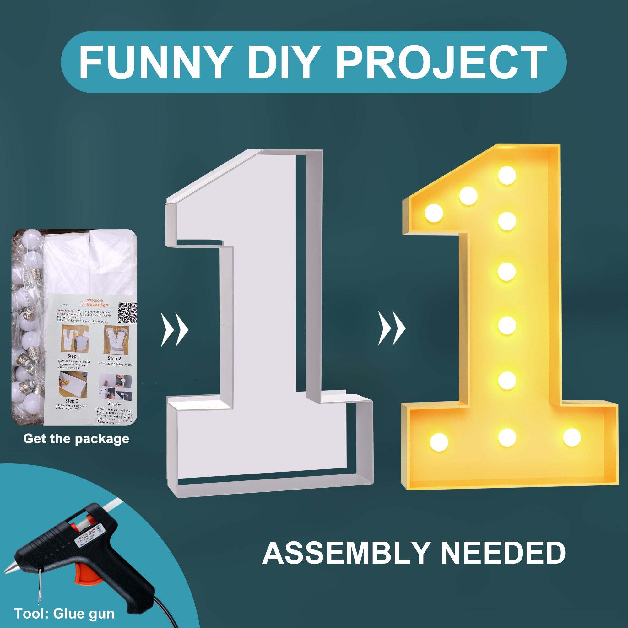 YOSWPP 3FT Large Marquee Light Up Letters Numbers Giant Mosaic Balloon Frame,Wedding Backdrop Decoration Anniversary Decoration Foam Board (1, 3FT)