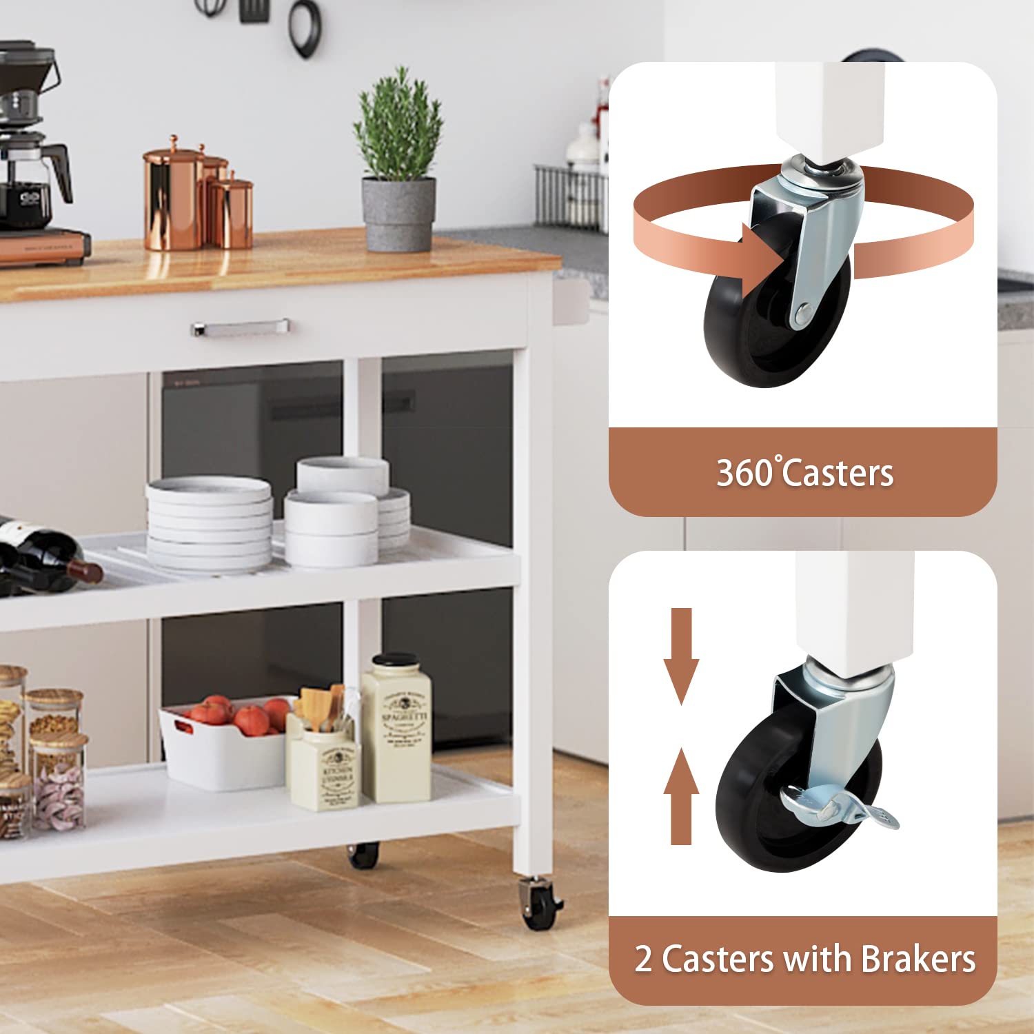 Kitchen Island Carts on Wheels with Storage – Mobile Rolling Cart with Storage Drawer and Shelves, Kitchen Islands Table with Towel Rack, Rubberwood Top, for Kitchen and Dining Room, White