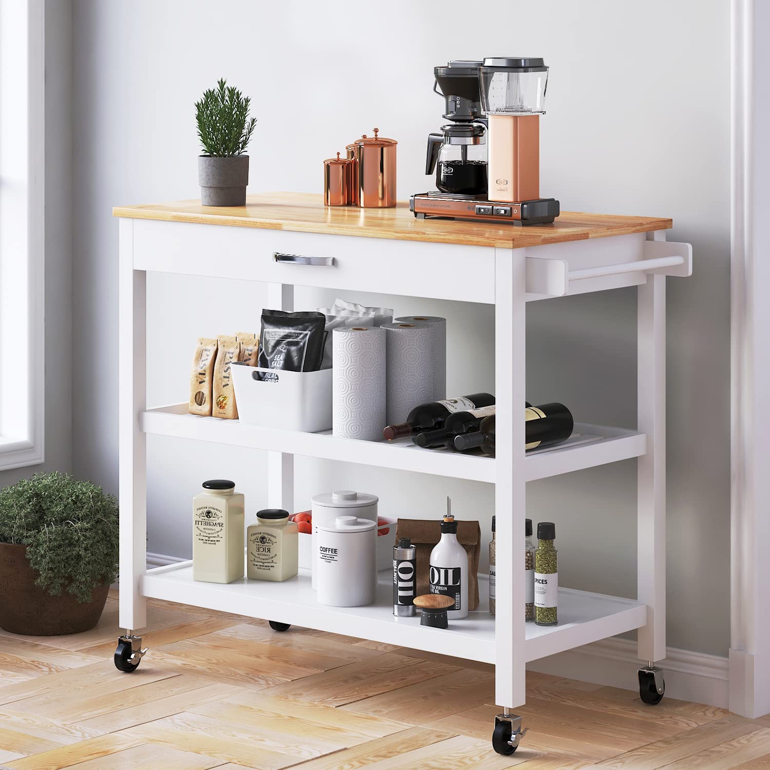 Kitchen Island Carts on Wheels with Storage – Mobile Rolling Cart with Storage Drawer and Shelves, Kitchen Islands Table with Towel Rack, Rubberwood Top, for Kitchen and Dining Room, White