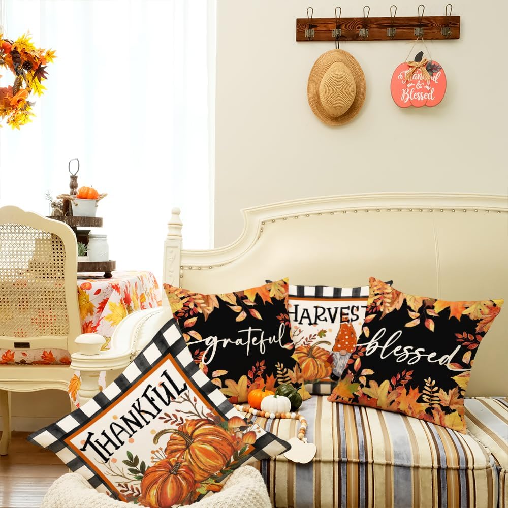 GEEORY Fall Decorative Throw Pillow Covers 18 x 18 Inch Set of 4, Thankful Grateful Blessed Harvest Pumpkin Gnome Thanksgiving Fall Decor Outdoor Farmhouse Pillow Cases for Home Couch G345-18