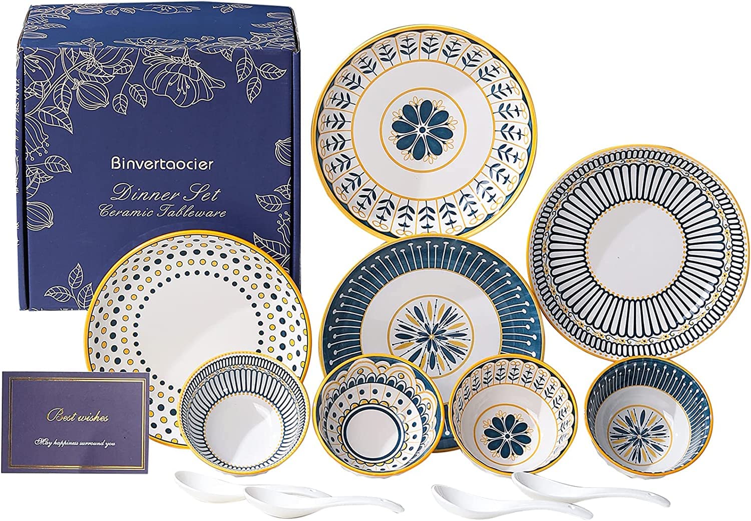 Binvertaocier Ceramic Plates and Bowls Sets for 4 with Spoons, 12-Pcs Ceramic Dinnerware Set, Bowls and Plates Sets for 4, Colorful Bowls for Pasta Salad Dinner Dessert,Gifts for Housewarming