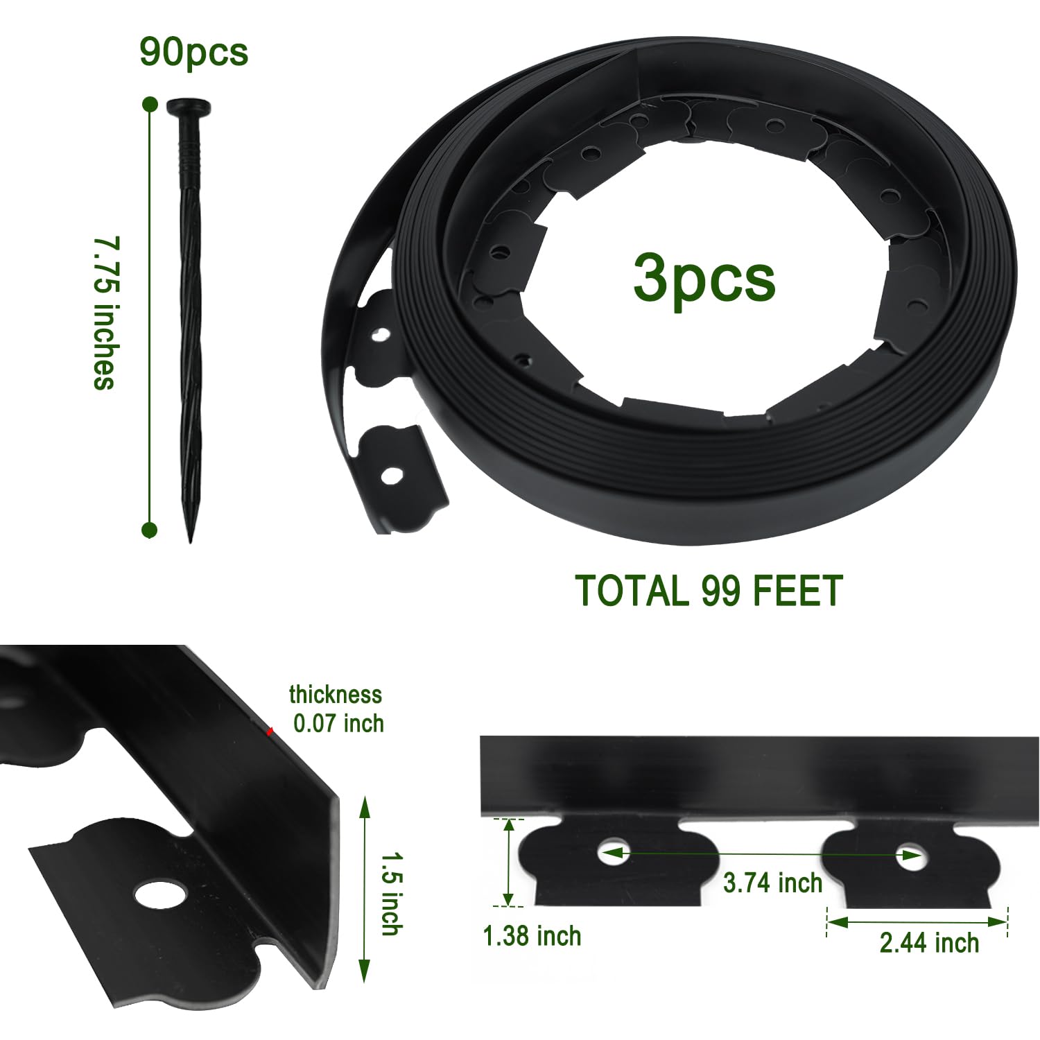 Hugeleaf 1.5 Inch x 99 Feet No Dig Landscape Edging, Garden Edging Border Coil with 90pcs Spikes, Paver Edging for Lawn, Flower Garden, Yard, Landscaping (Black)