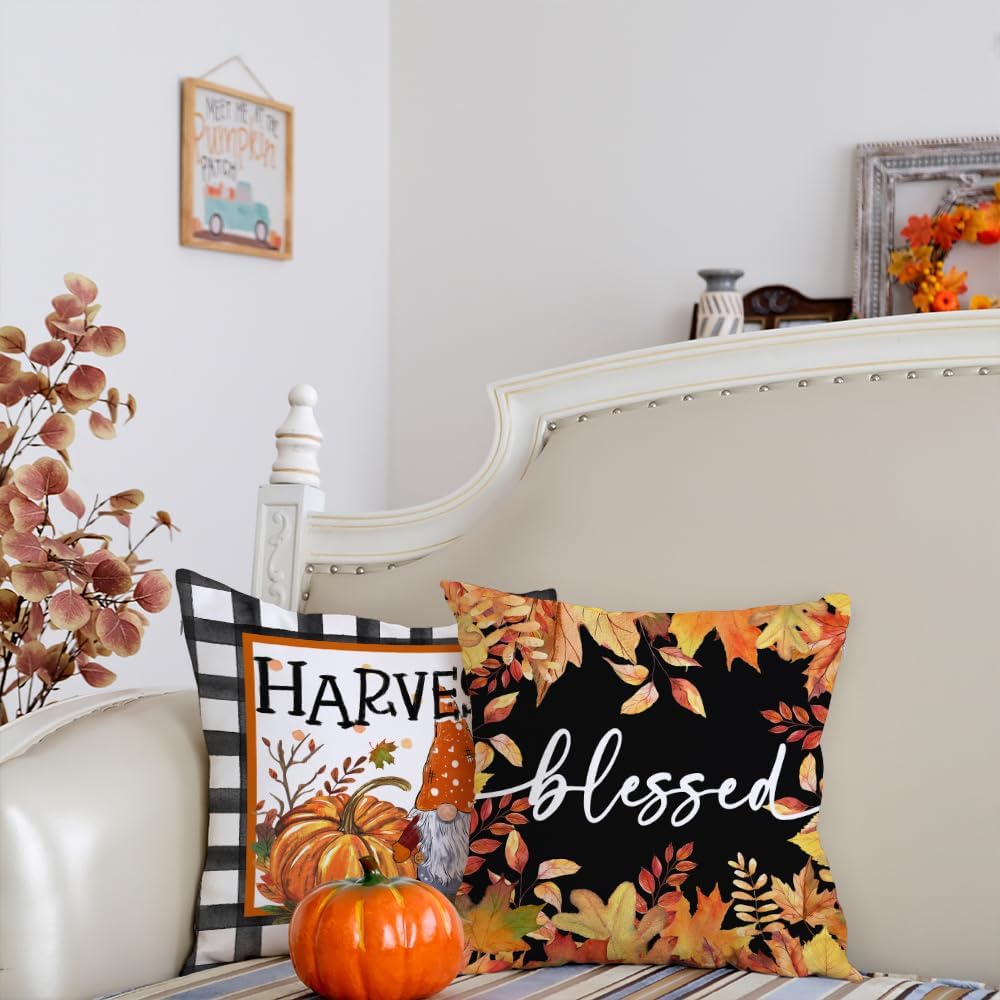 GEEORY Fall Decorative Throw Pillow Covers 18 x 18 Inch Set of 4, Thankful Grateful Blessed Harvest Pumpkin Gnome Thanksgiving Fall Decor Outdoor Farmhouse Pillow Cases for Home Couch G345-18