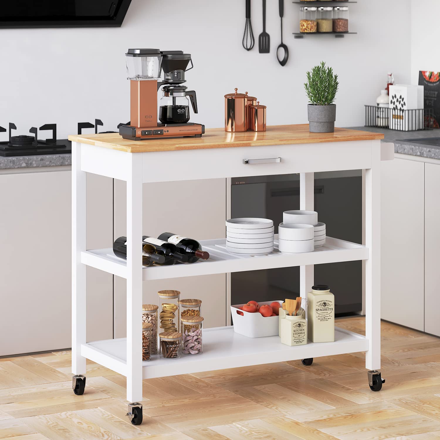 Kitchen Island Carts on Wheels with Storage – Mobile Rolling Cart with Storage Drawer and Shelves, Kitchen Islands Table with Towel Rack, Rubberwood Top, for Kitchen and Dining Room, White
