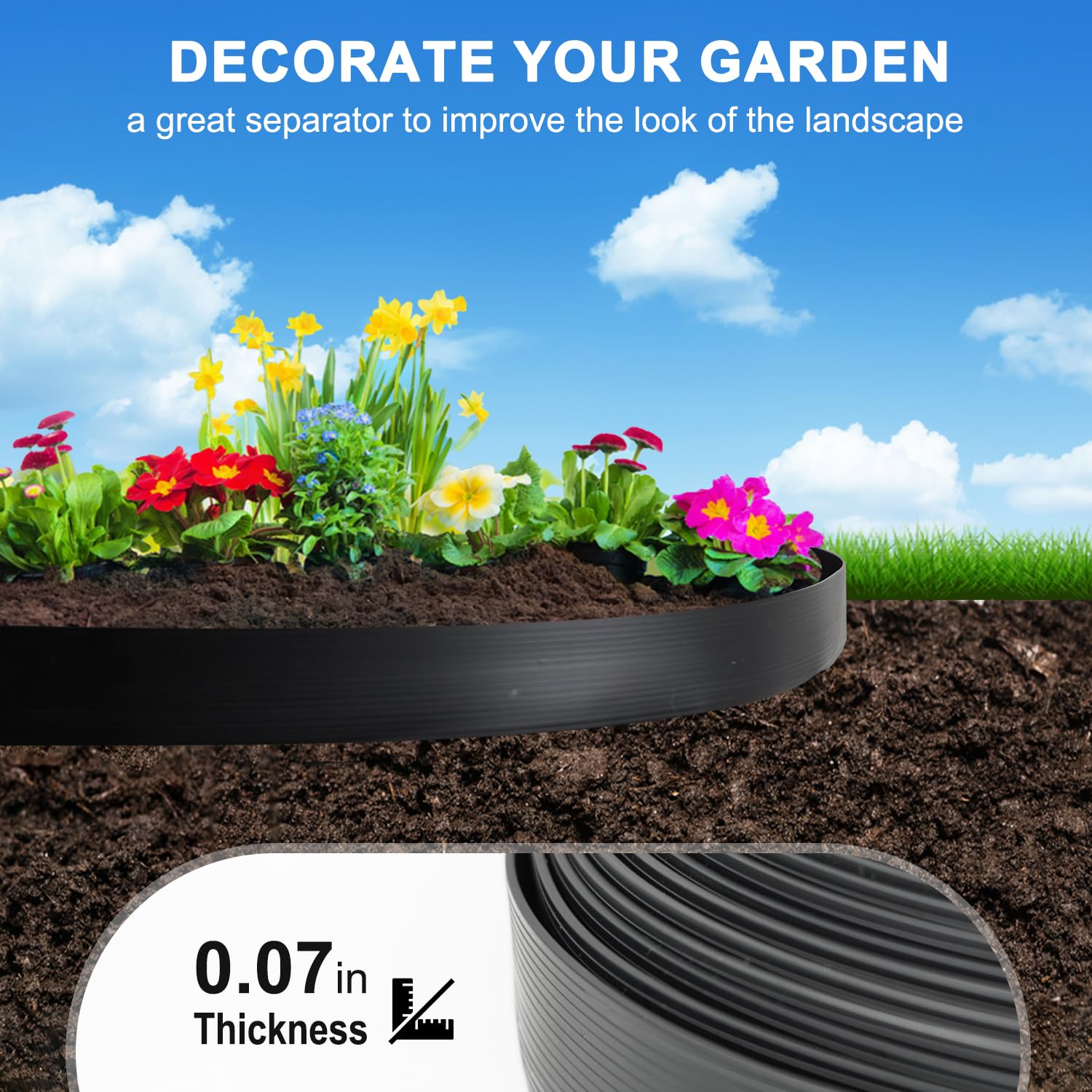 Hugeleaf 1.5 Inch x 99 Feet No Dig Landscape Edging, Garden Edging Border Coil with 90pcs Spikes, Paver Edging for Lawn, Flower Garden, Yard, Landscaping (Black)