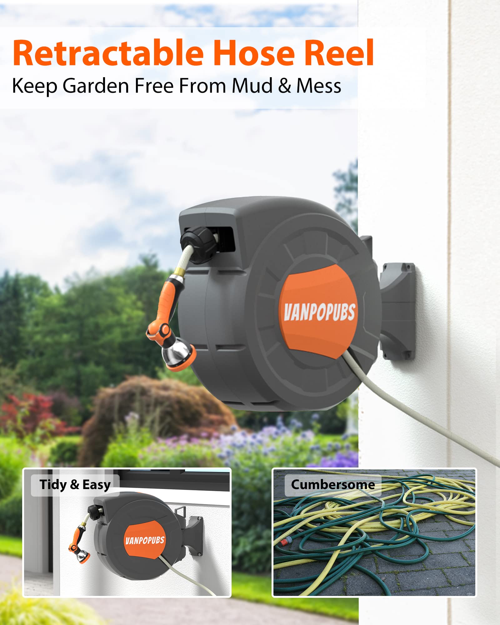 Vanpopubs Retractable Garden Hose Reel,1/2 in x 100 ft Hose Reel Auto Rewind, Any Length Lock/Wall Mounted/180°Swivel Bracket,with 10 Function Sprayer Nozzle