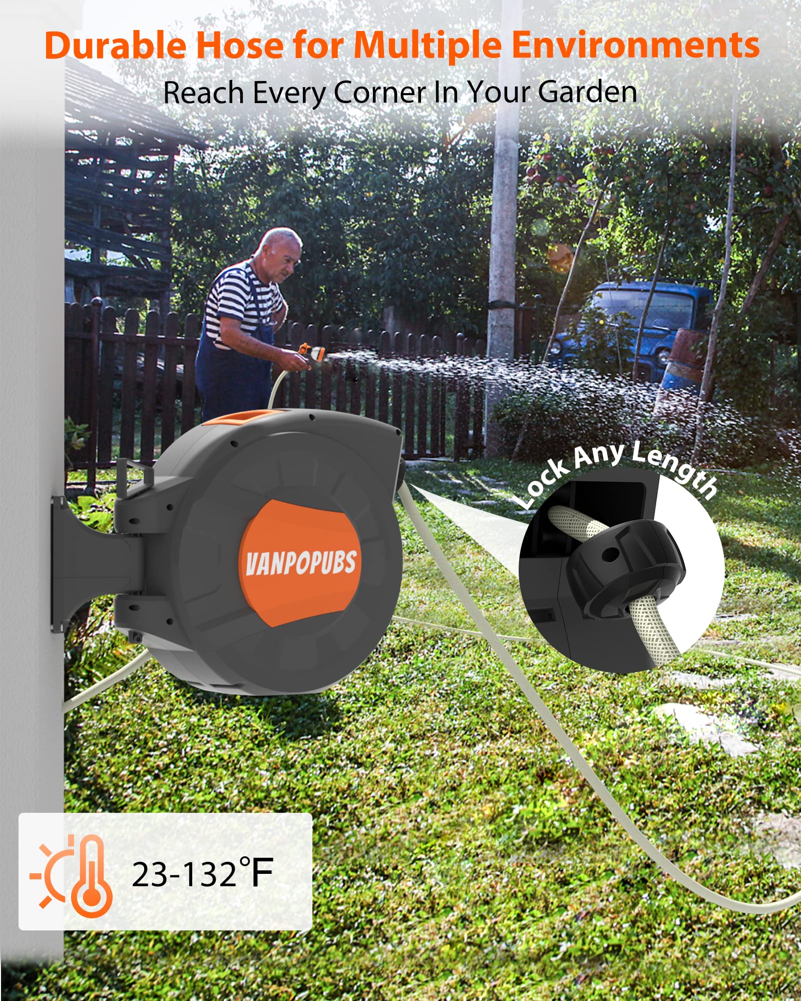 Vanpopubs Retractable Garden Hose Reel,1/2 in x 100 ft Hose Reel Auto Rewind, Any Length Lock/Wall Mounted/180°Swivel Bracket,with 10 Function Sprayer Nozzle