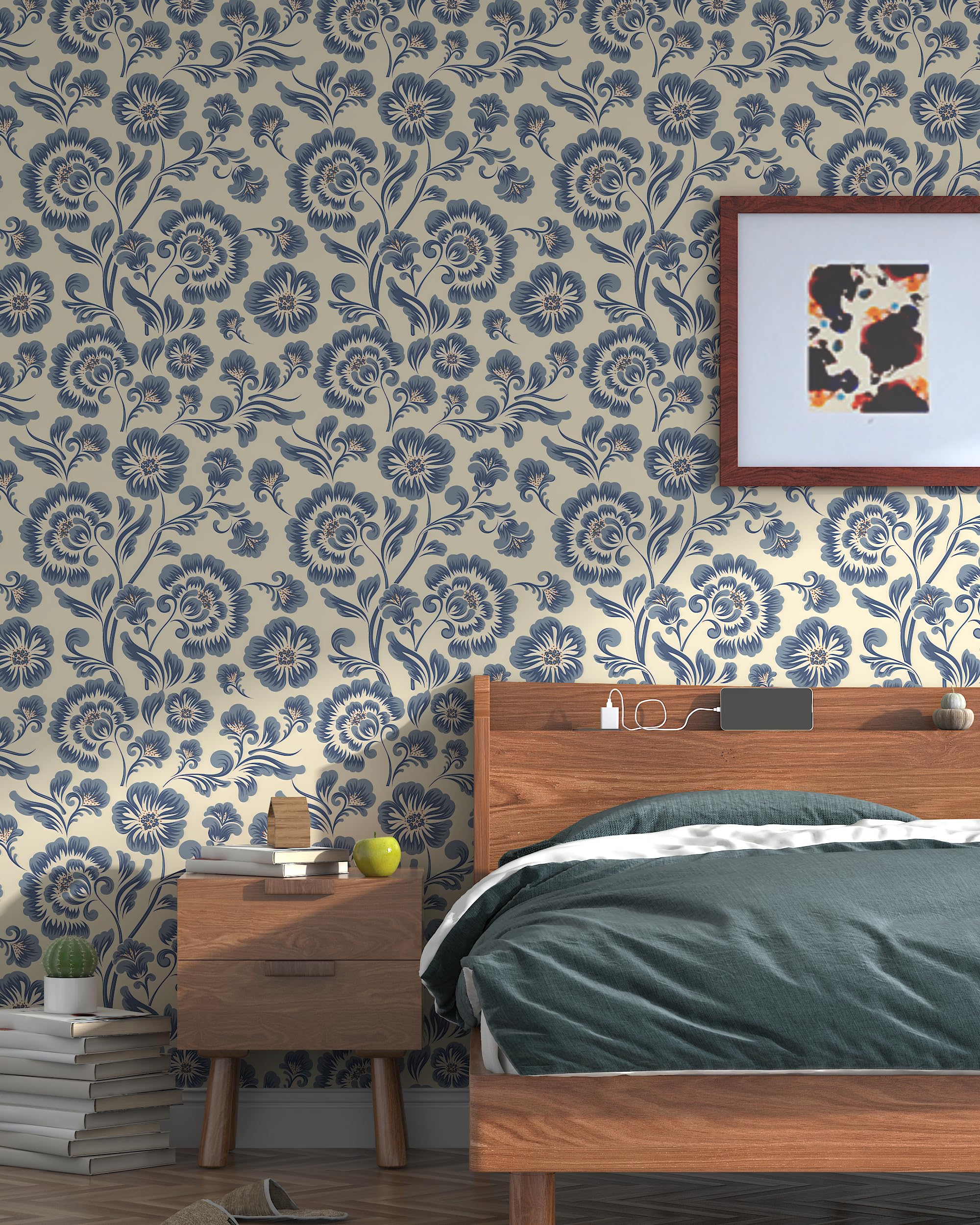 Blue Floral Wallpaper Peel and Stick Wallpaper Floral Contact Paper for Cabinets 17.3”×78.8” Wallpaper Self Adhesive Removable Wallpaper for Bathroom Sticker Pull and Stick on Wallpaper Vinyl Film