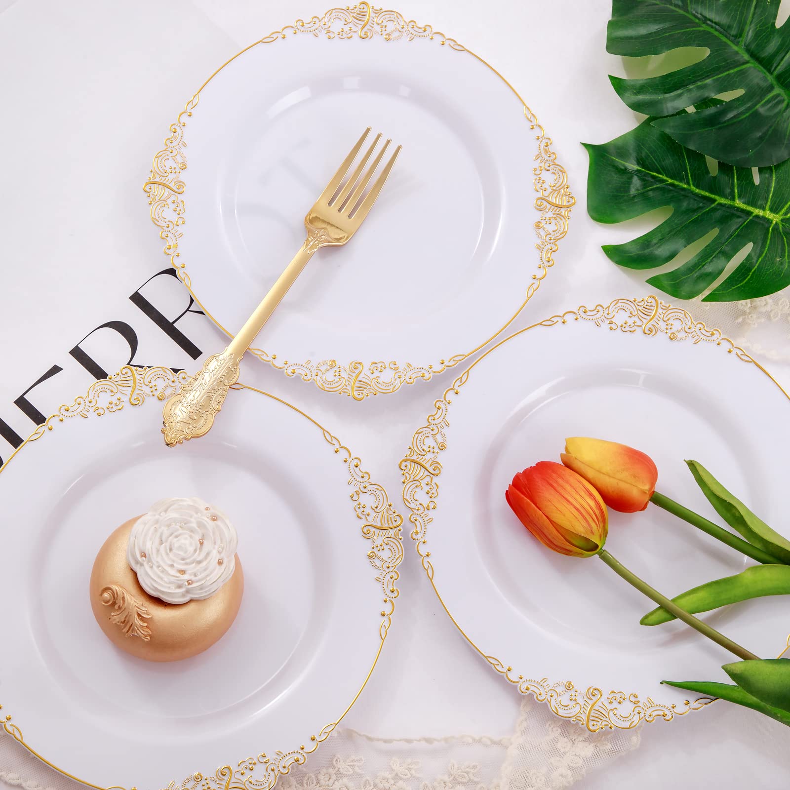 Nervure 100PCS White and Gold Plastic Plates - 7.5inch Gold Disposable Plates - Heavyweight Gold Plastic Plates - Gold Dessert Plates for Wedding & Party & Christmas