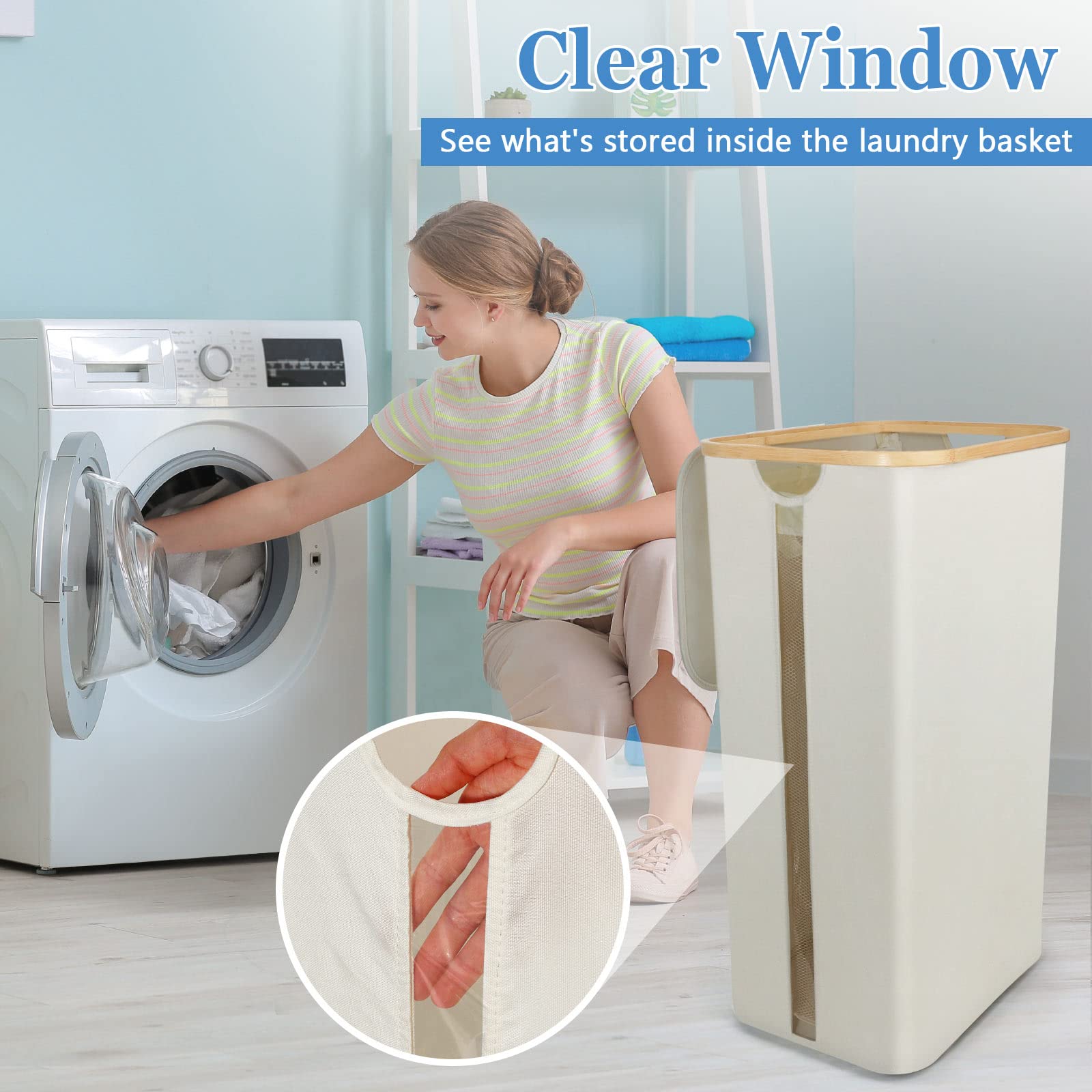 Ranslen Laundry Basket with Lid, 110L XXL Laundry Hamper Collapsible Dirty Clothes Hamper with Bamboo Handles Removable Bag Tall Waterproof Laundry Hampers for Laundry Room Bedroom Beige