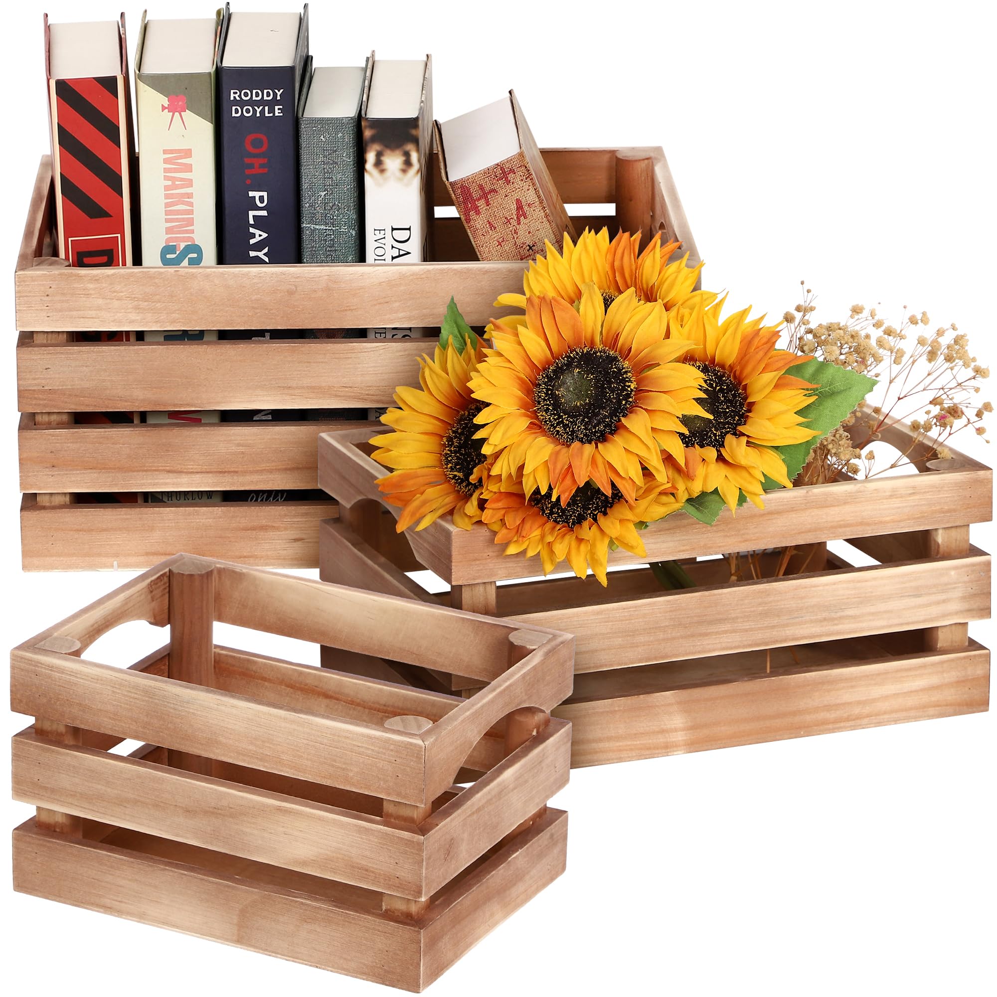 Houseables Wooden Crates, Rustic Wood Crate Set of 3, Brown, Decorative Storage Boxes, Farmhouse Decor Baskets, Stackable Vintage Bins, Nesting Basket For Organizing, Display, Crafts, Wine, Decoration
