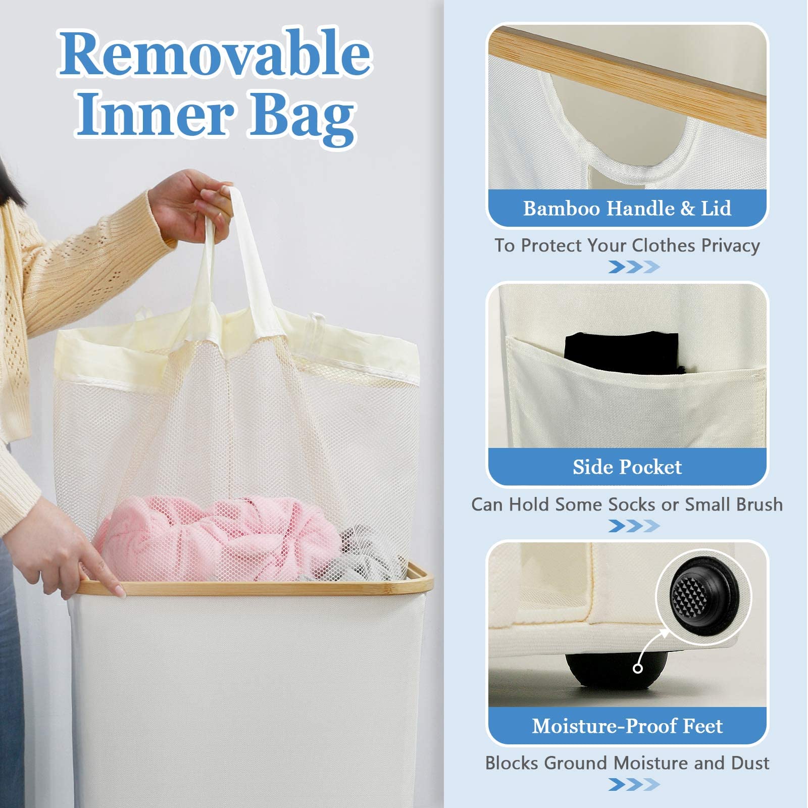 Ranslen Laundry Basket with Lid, 110L XXL Laundry Hamper Collapsible Dirty Clothes Hamper with Bamboo Handles Removable Bag Tall Waterproof Laundry Hampers for Laundry Room Bedroom Beige