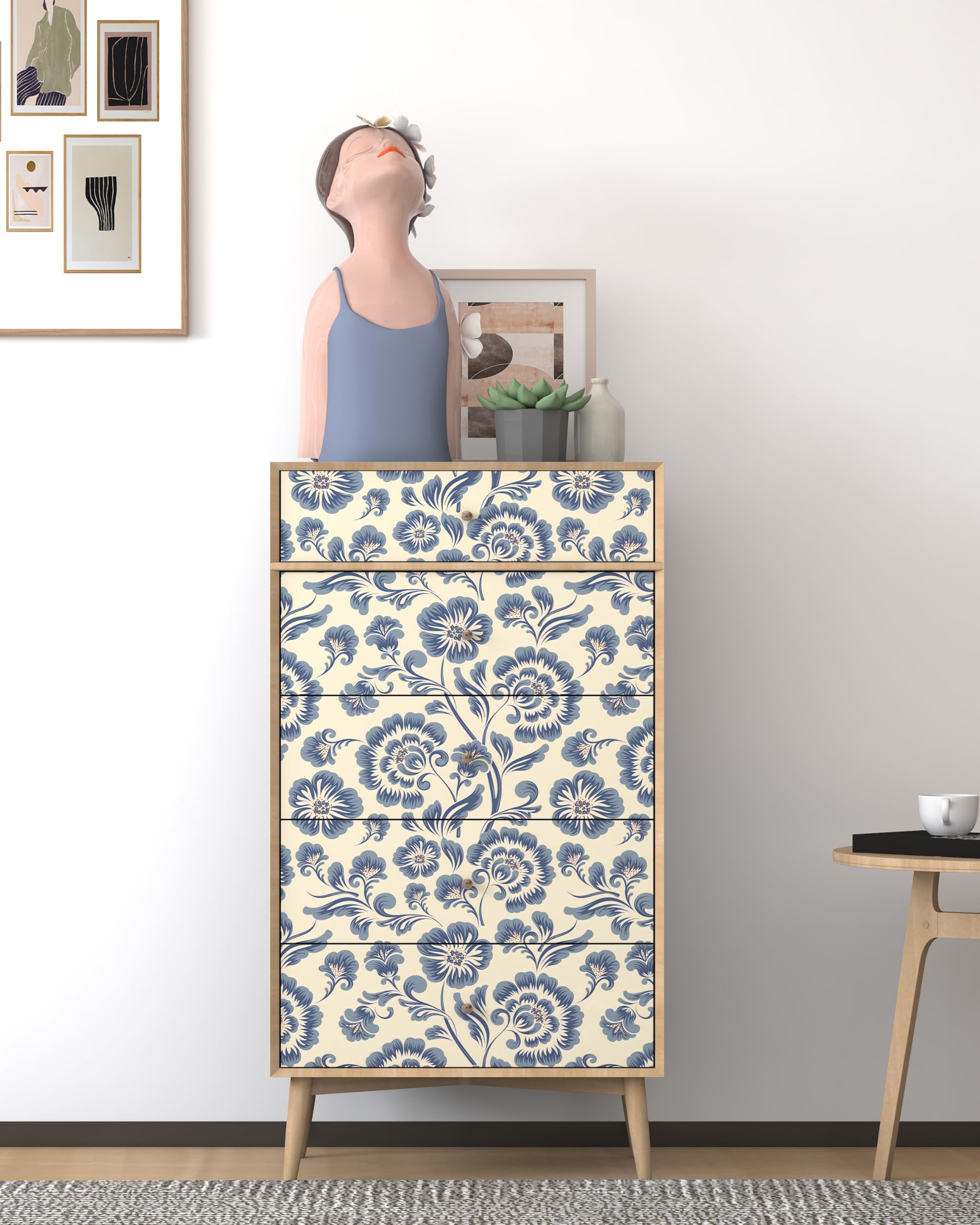 Blue Floral Wallpaper Peel and Stick Wallpaper Floral Contact Paper for Cabinets 17.3”×78.8” Wallpaper Self Adhesive Removable Wallpaper for Bathroom Sticker Pull and Stick on Wallpaper Vinyl Film
