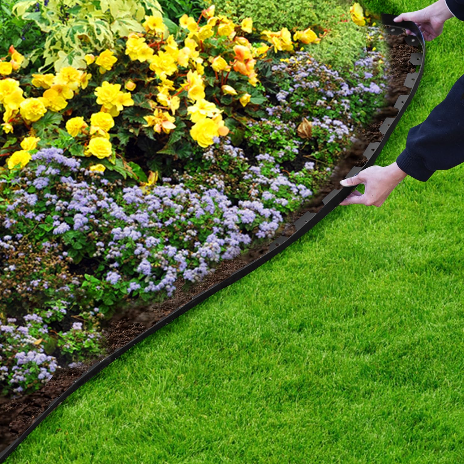 Hugeleaf 1.5 Inch x 99 Feet No Dig Landscape Edging, Garden Edging Border Coil with 90pcs Spikes, Paver Edging for Lawn, Flower Garden, Yard, Landscaping (Black)