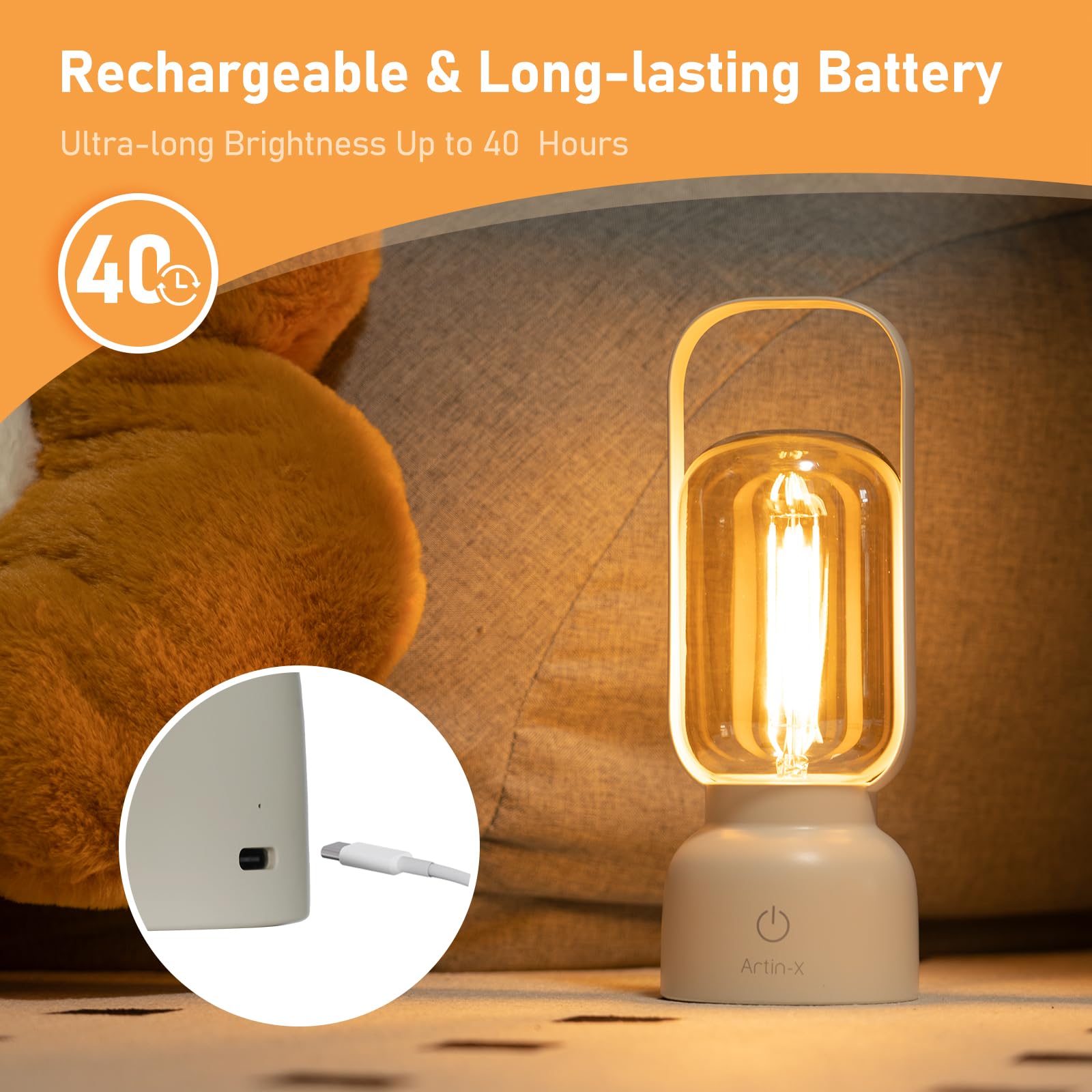 ArtiN-X Retro Cordless Lantern Table Lamp, 40 Hours Long Lasting Dimming Night Light, Small Rechargeable Battery Operated Light for Cruise Nightstand Travel Camping Nightstand, Decoration, Gift- White