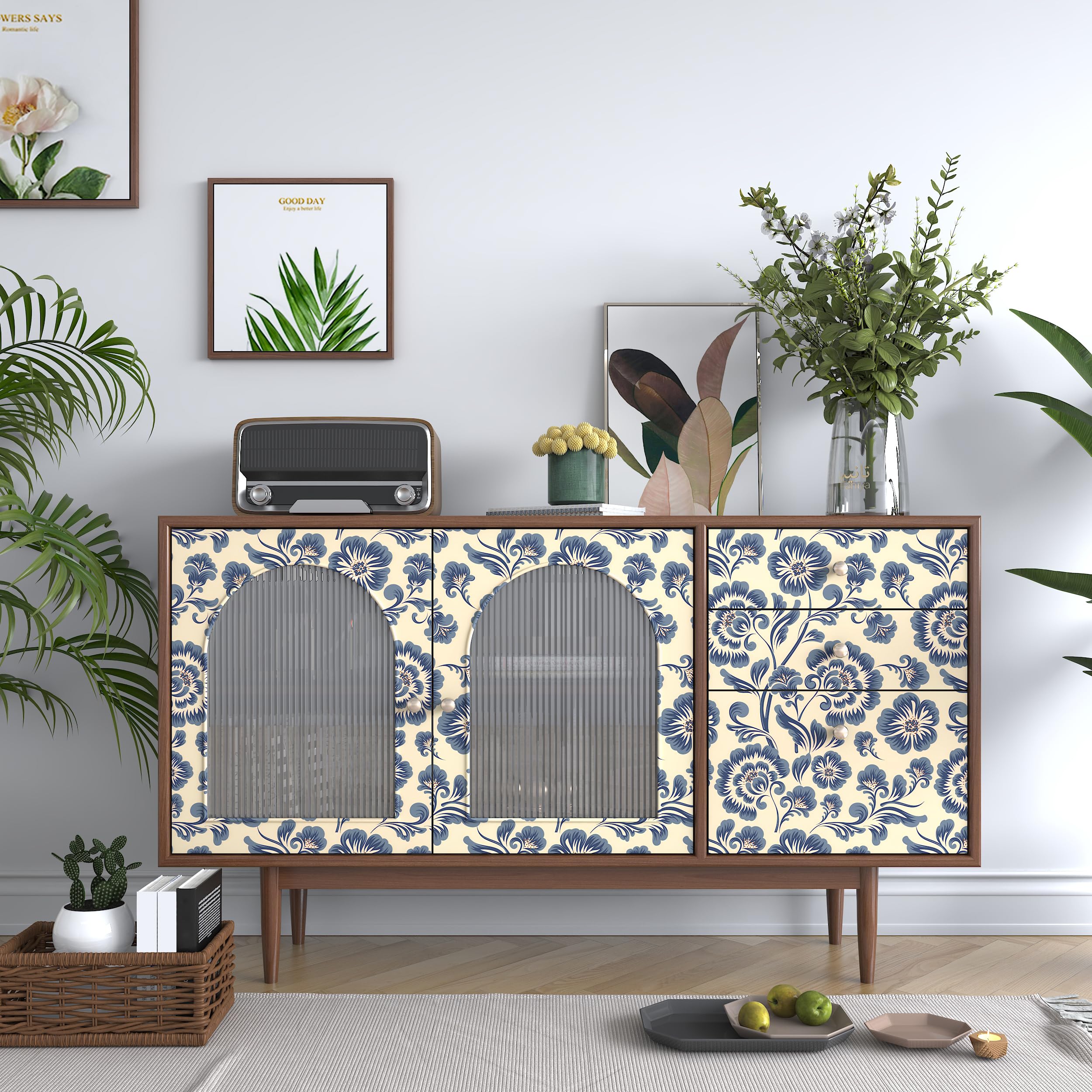 Blue Floral Wallpaper Peel and Stick Wallpaper Floral Contact Paper for Cabinets 17.3”×78.8” Wallpaper Self Adhesive Removable Wallpaper for Bathroom Sticker Pull and Stick on Wallpaper Vinyl Film