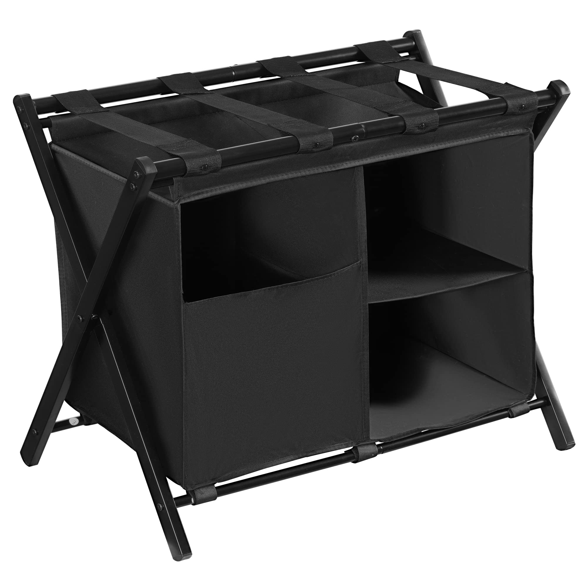 Heybly Luggage Rack with Laundry Bag,Steel Folding Suitcase Stand for Bedroom, Hotel, Foldable Steel Frame, Guest Room Bedroom Hote, 23.62" L x 15.57" W x 24.21" H, Black,HLR006B1
