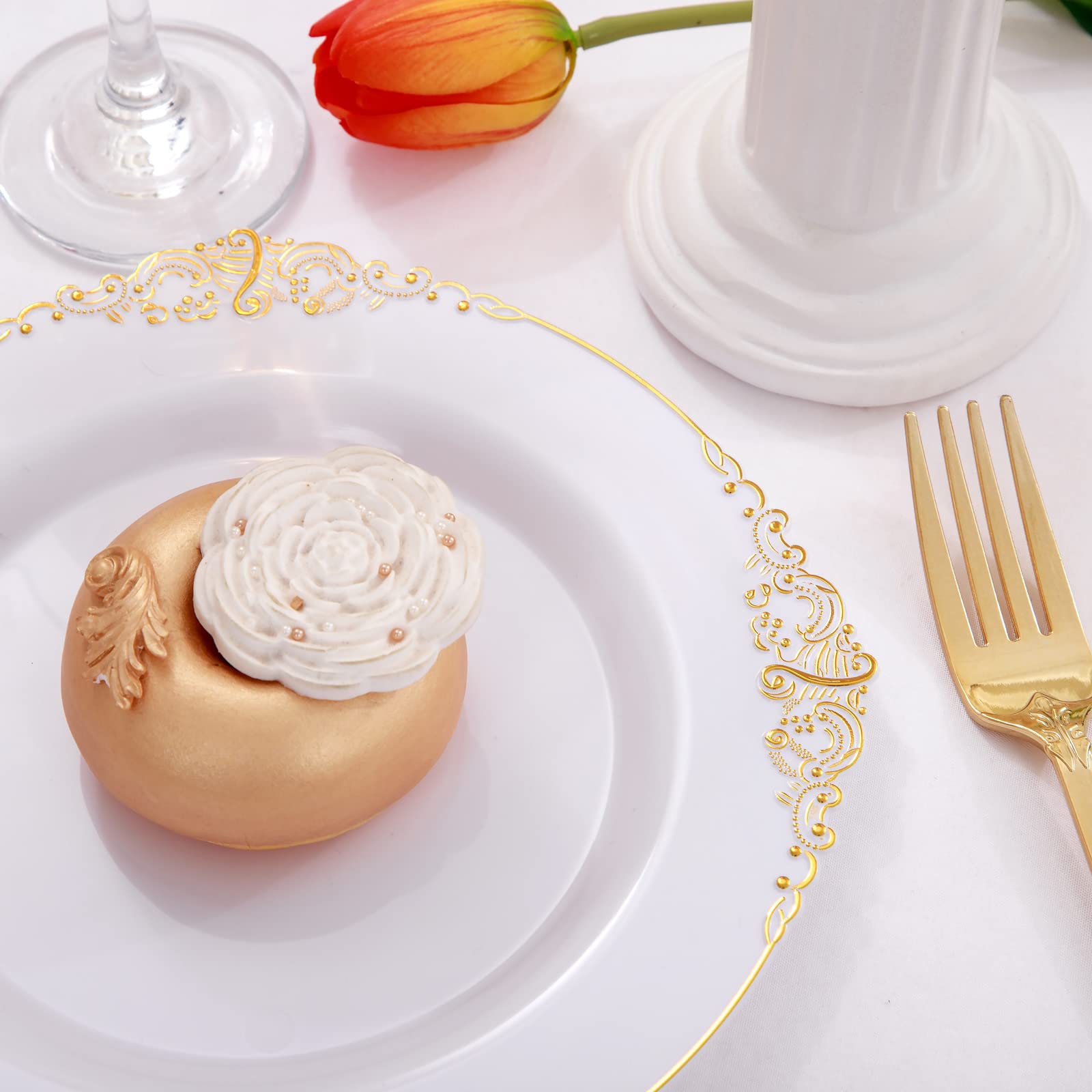 Nervure 100PCS White and Gold Plastic Plates - 7.5inch Gold Disposable Plates - Heavyweight Gold Plastic Plates - Gold Dessert Plates for Wedding & Party & Christmas