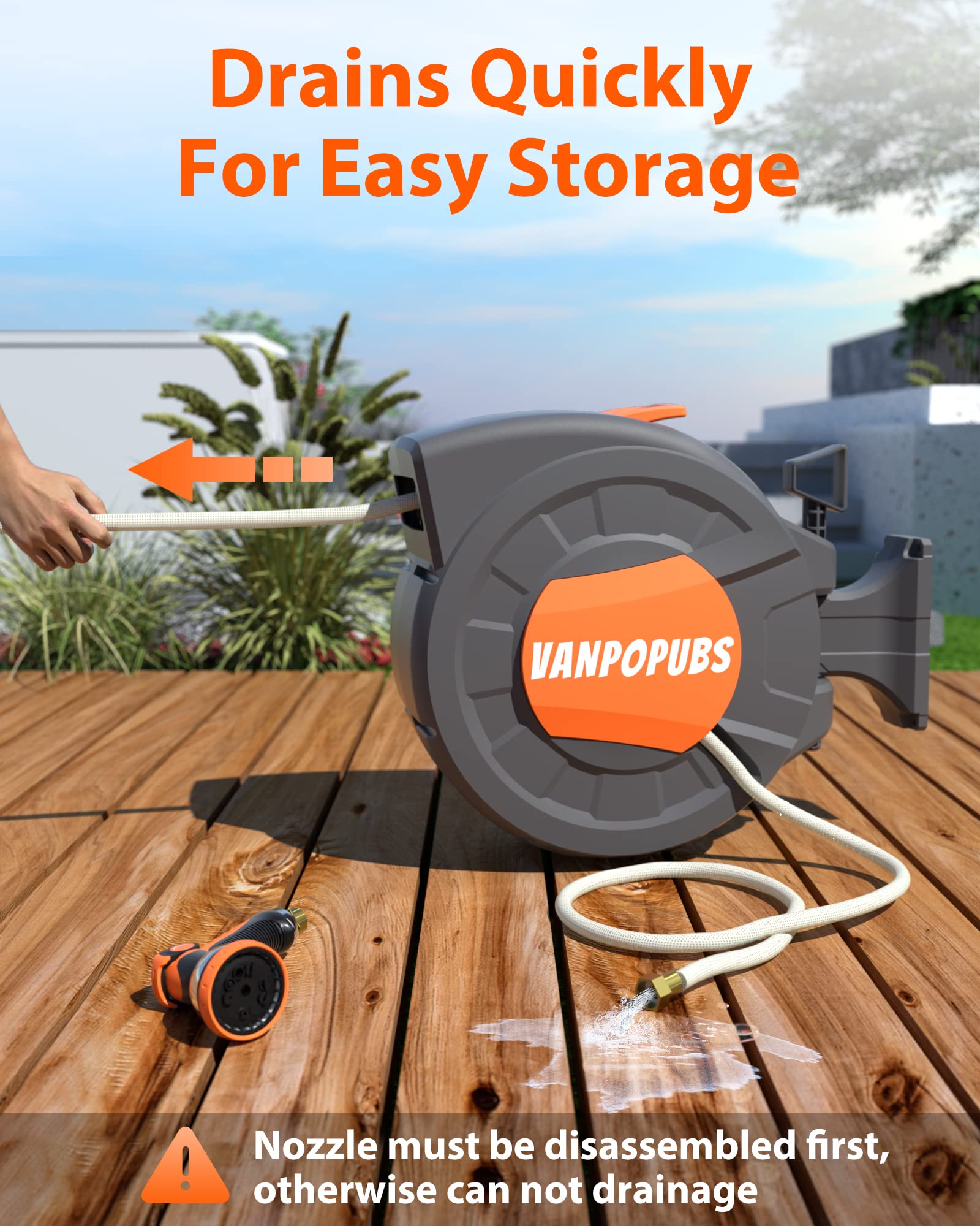 Vanpopubs Retractable Garden Hose Reel,1/2 in x 100 ft Hose Reel Auto Rewind, Any Length Lock/Wall Mounted/180°Swivel Bracket,with 10 Function Sprayer Nozzle