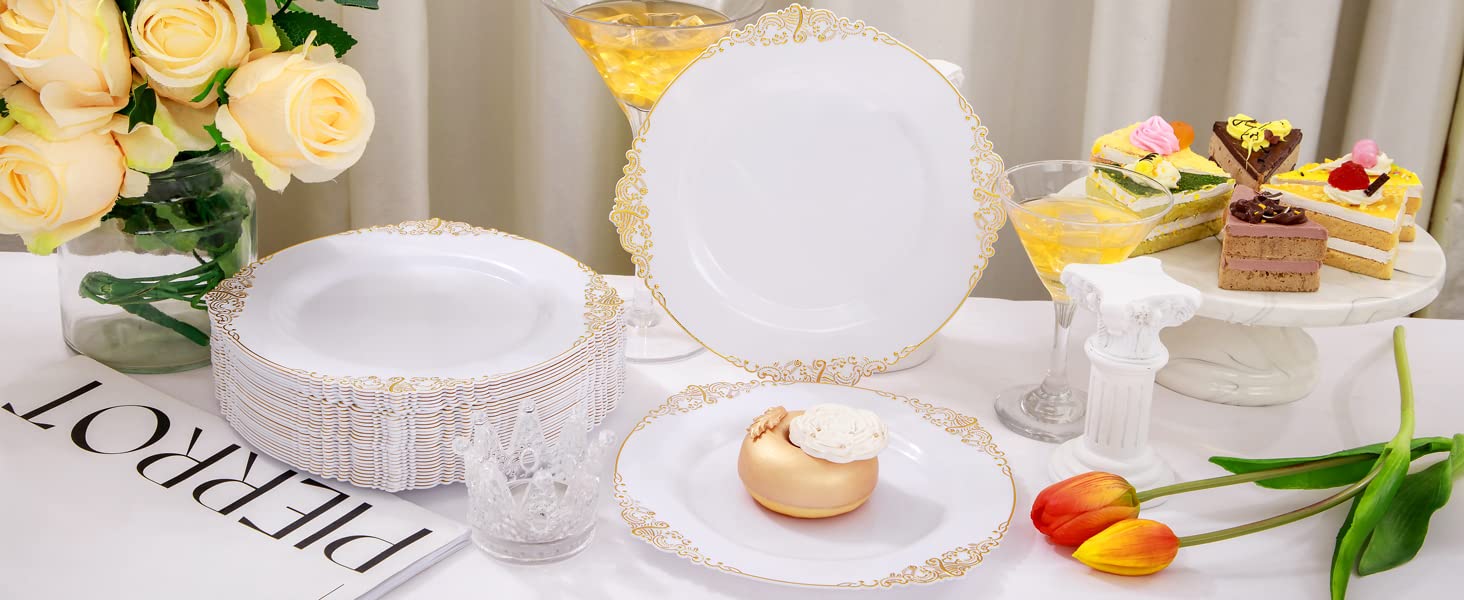 Nervure 100PCS White and Gold Plastic Plates - 7.5inch Gold Disposable Plates - Heavyweight Gold Plastic Plates - Gold Dessert Plates for Wedding & Party & Christmas