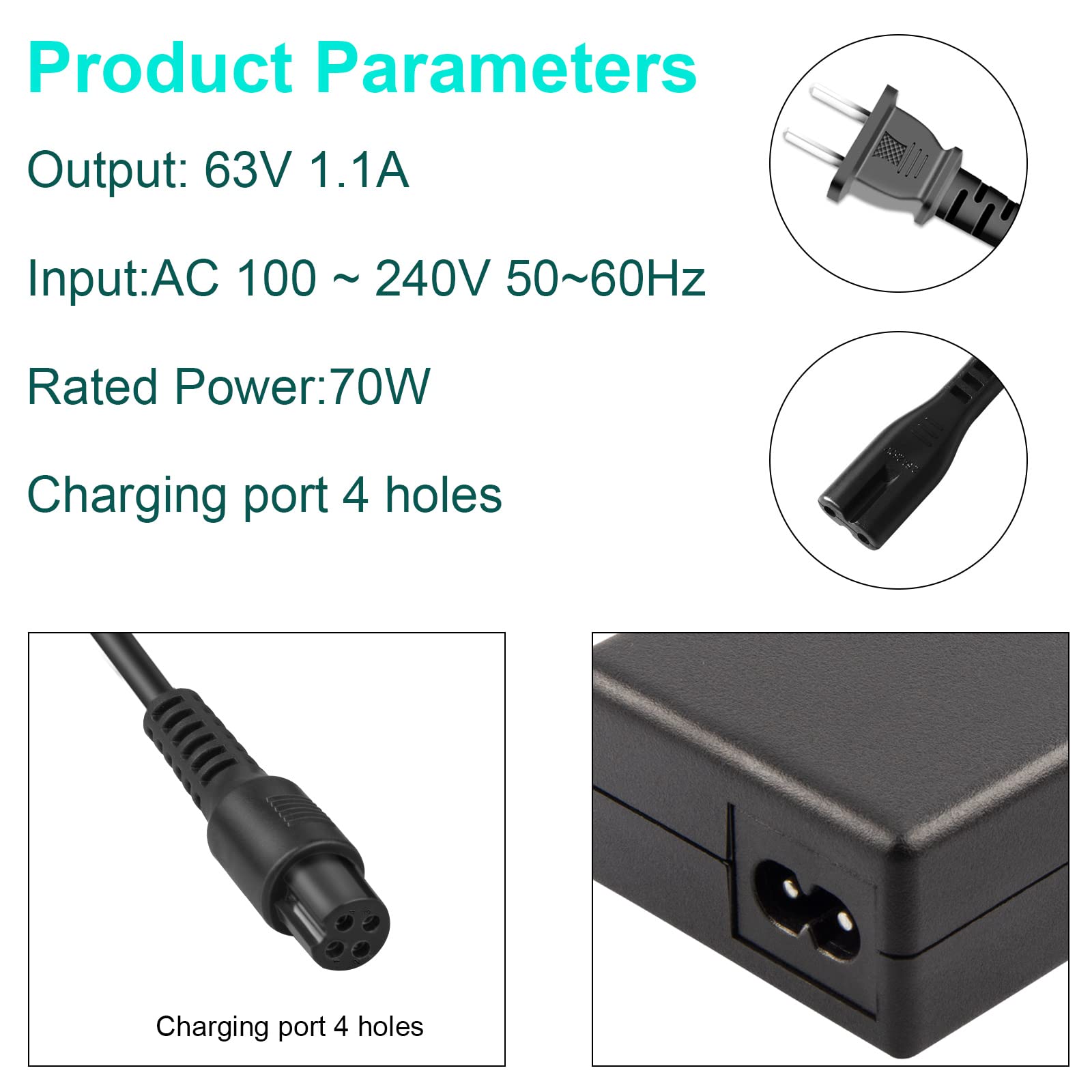 63V 4 Prong Charger for Ninebot S (Not for S-Plus) / Mini PRO/Mini lite / L8 / One A1/ One S2/ S-MAX, N3M240, GoKart Kit, Gokart PRO, 4-Pin fits for Segway Ninebot Charger