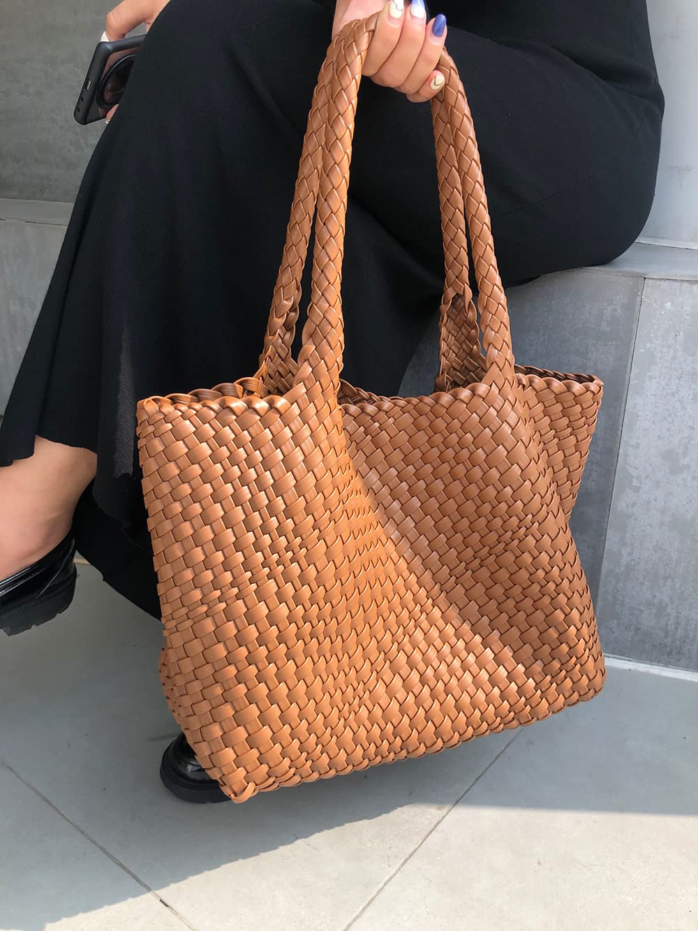 Brown Vegan Leather Woven Tote Bag for Women - Large Beach Bag with Small Purse, Handmade Top-handle Travel Handbag