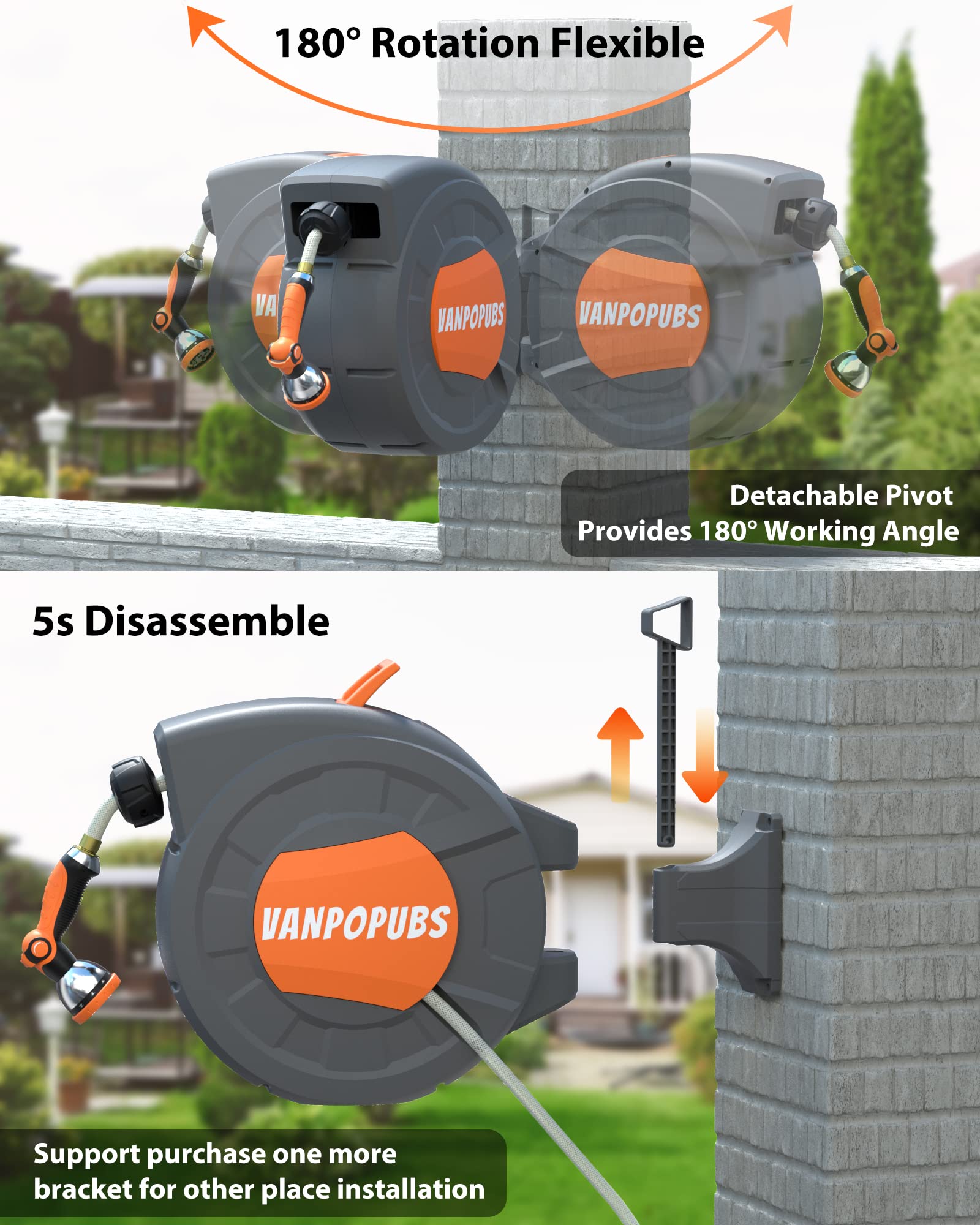 Vanpopubs Retractable Garden Hose Reel,1/2 in x 100 ft Hose Reel Auto Rewind, Any Length Lock/Wall Mounted/180°Swivel Bracket,with 10 Function Sprayer Nozzle