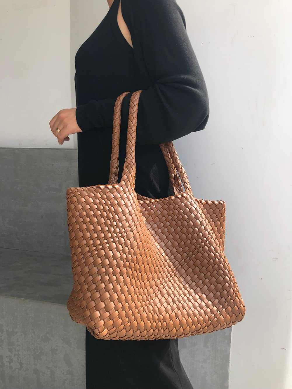 Brown Vegan Leather Woven Tote Bag for Women - Large Beach Bag with Small Purse, Handmade Top-handle Travel Handbag