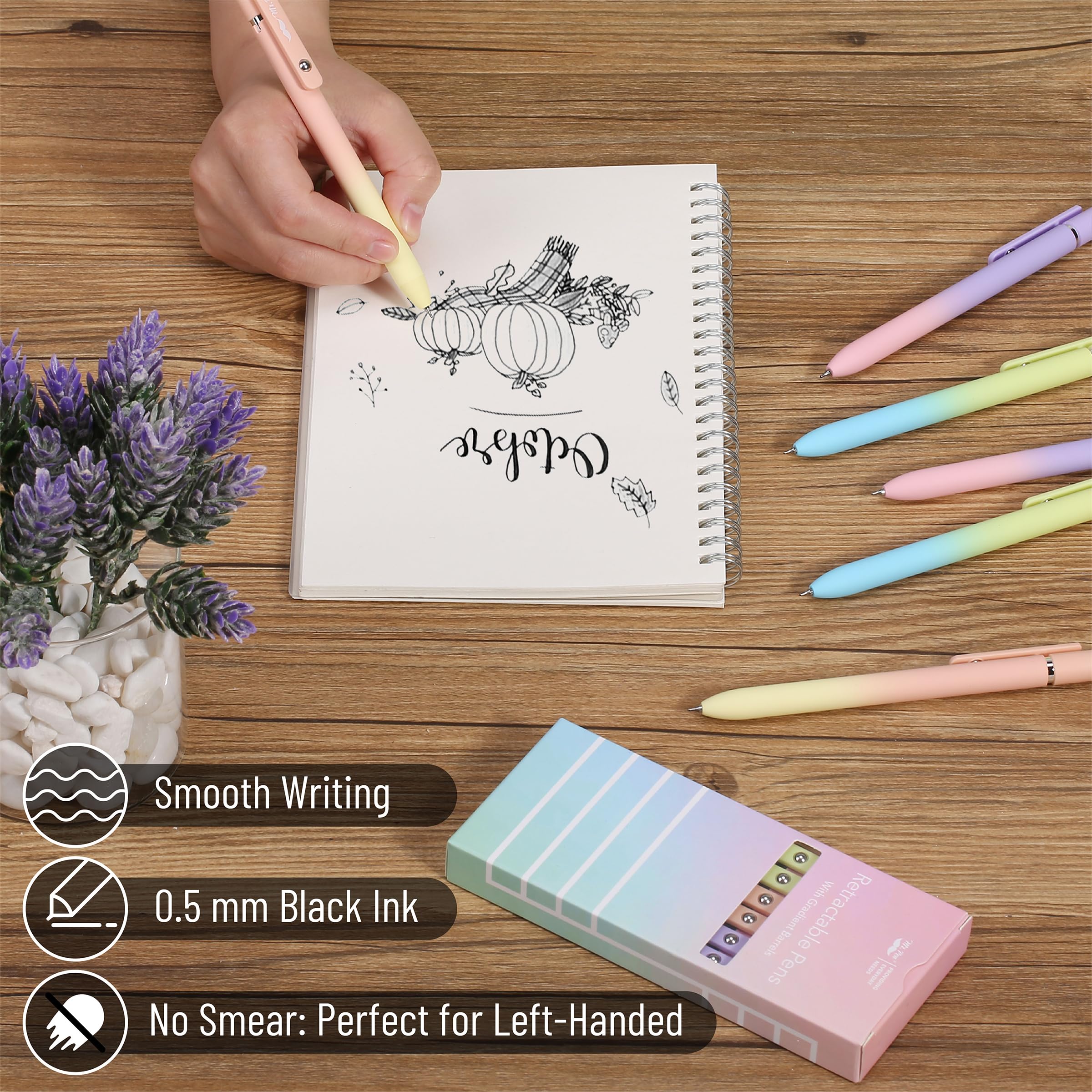 Mr. Pen- Retractable Gel Pens, 6 Pack, Gradient Color Barrels, Black Gel Pens, Fast Dry, Gel Pens Fine Point 0.5mm, Retractable Pens, Cute Pens, Gel Ink Pens, Aesthetic Pens for Journaling