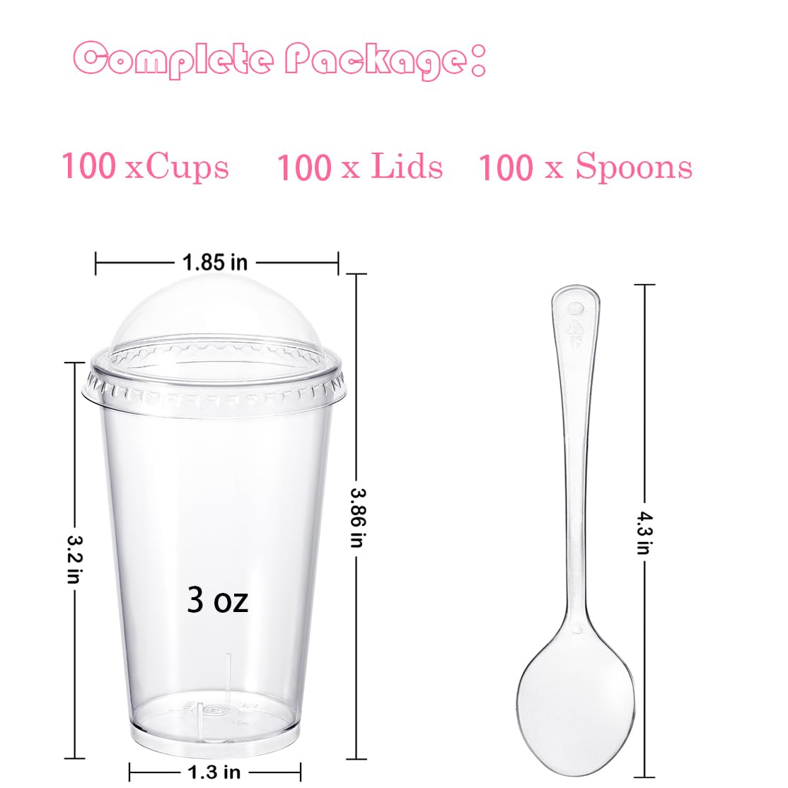 HawHawToys 100 Pack 3 OZ Dessert Cups with Lids and Spoons, Clear Plastic Mini Dessert Shooter Parfait Cups for Party Desserts,Appetizers Serving (100)