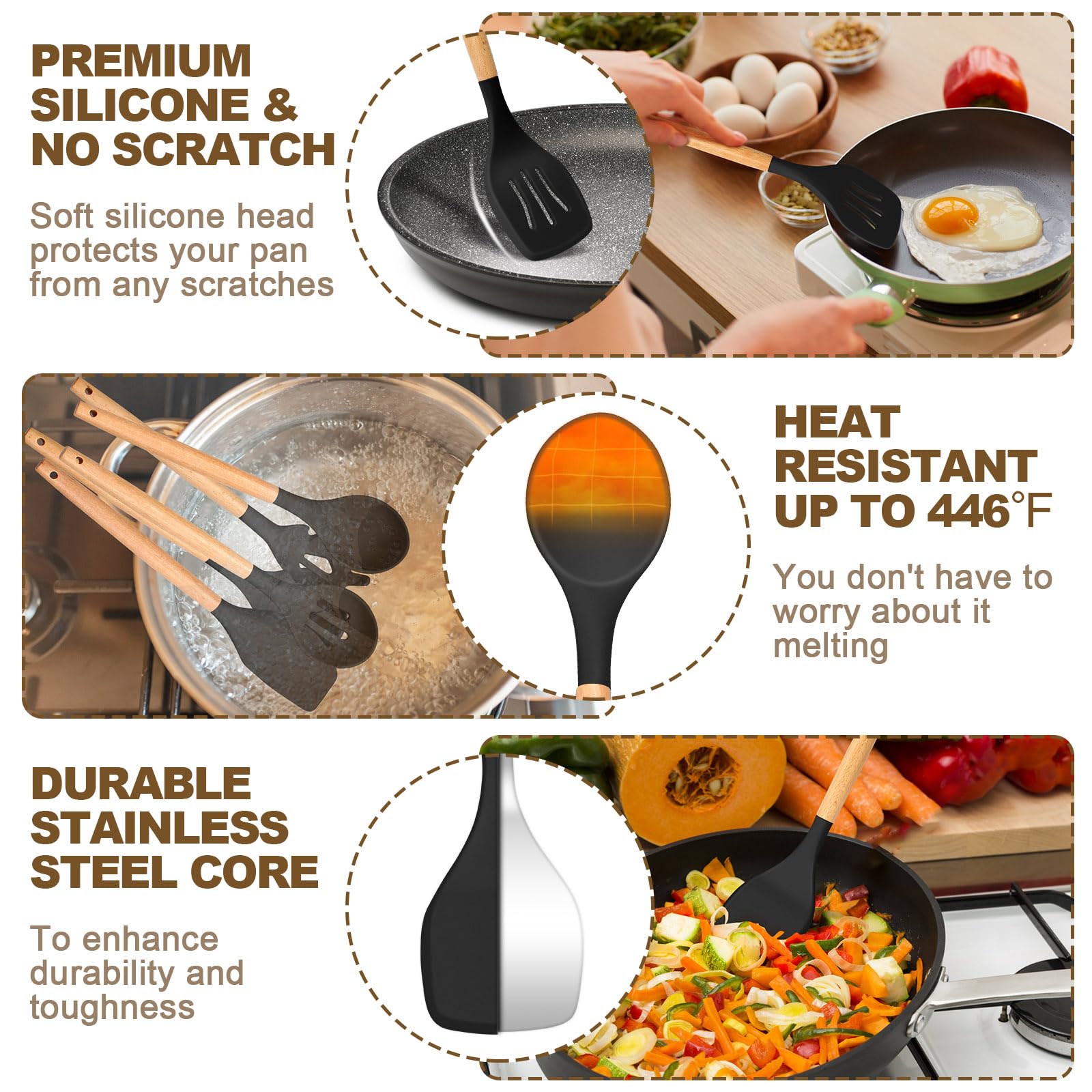 Kitchen Utensils Set, AIKKIL16 Pcs Cooking Utensils Set with Holder, Heat Resistance, Black Wooden Handle Silicone Kitchen Gadgets Utensil Set for Nonstick Cookware