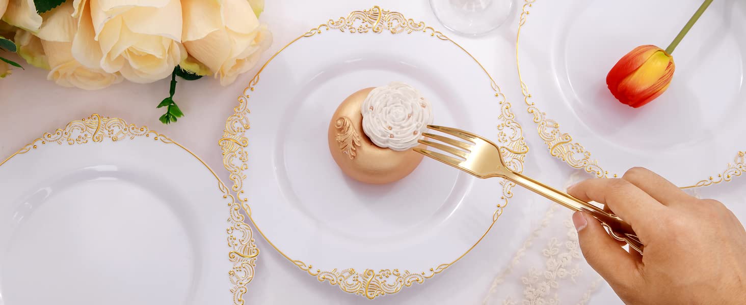 Nervure 100PCS White and Gold Plastic Plates - 7.5inch Gold Disposable Plates - Heavyweight Gold Plastic Plates - Gold Dessert Plates for Wedding & Party & Christmas