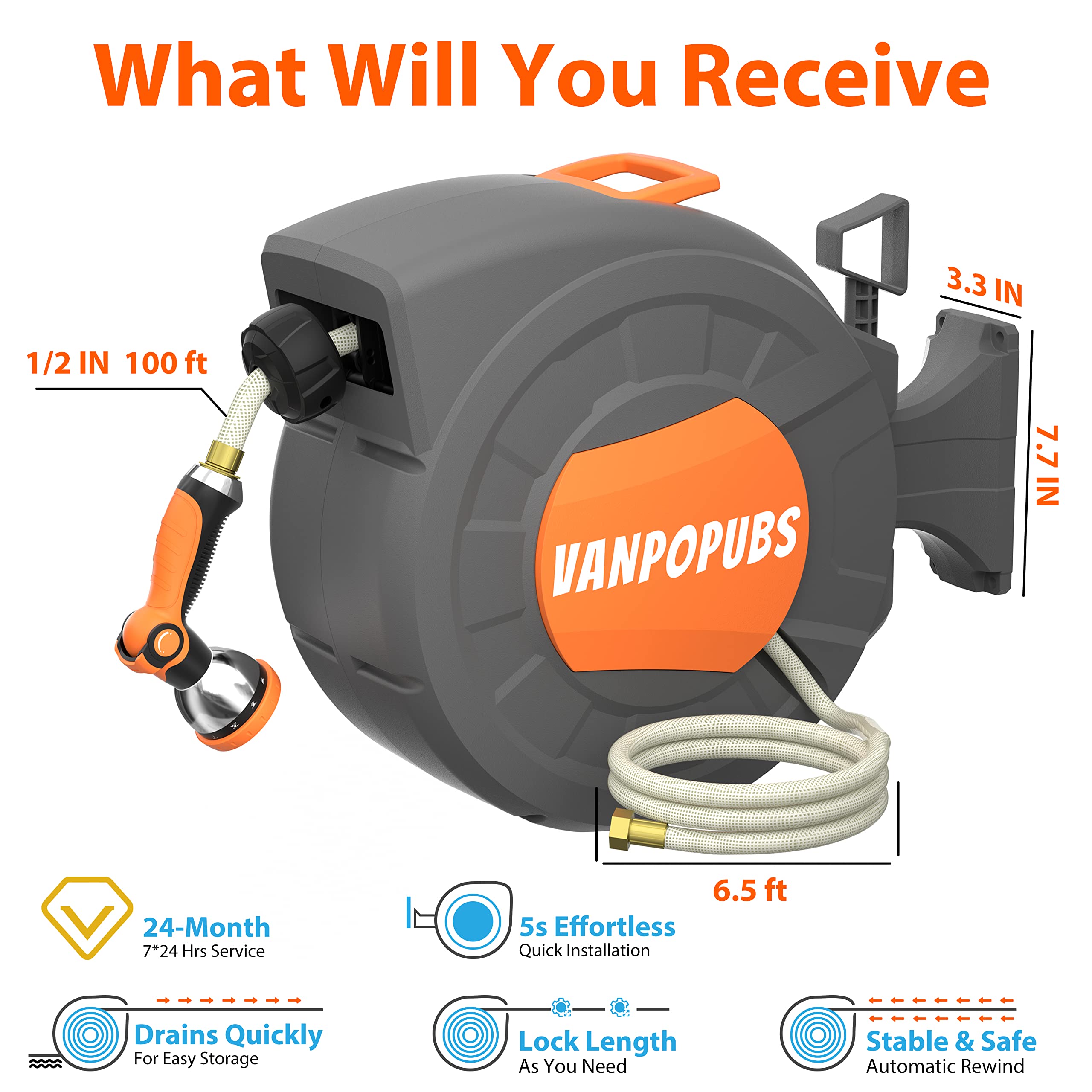 Vanpopubs Retractable Garden Hose Reel,1/2 in x 100 ft Hose Reel Auto Rewind, Any Length Lock/Wall Mounted/180°Swivel Bracket,with 10 Function Sprayer Nozzle