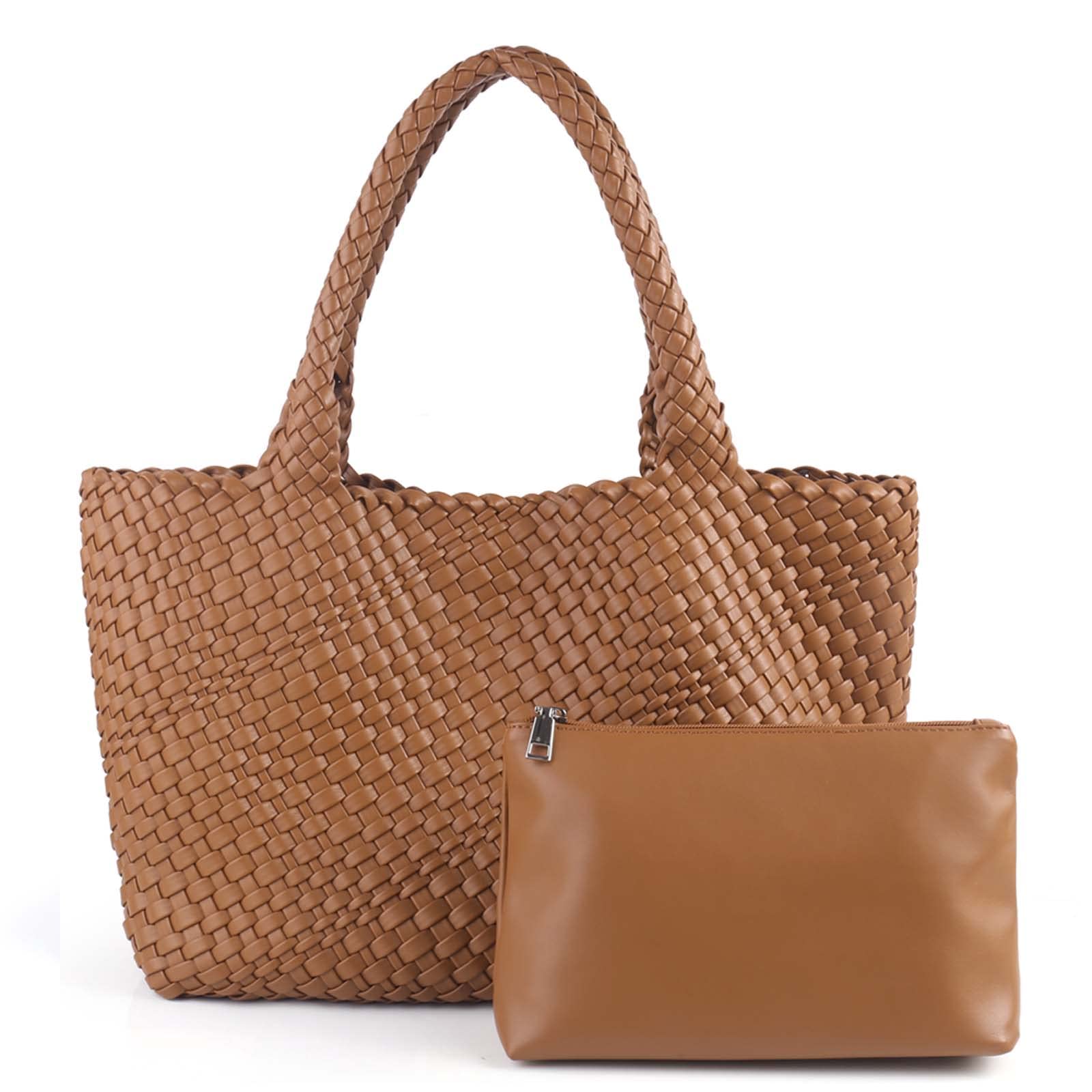 Brown Vegan Leather Woven Tote Bag for Women - Large Beach Bag with Small Purse, Handmade Top-handle Travel Handbag