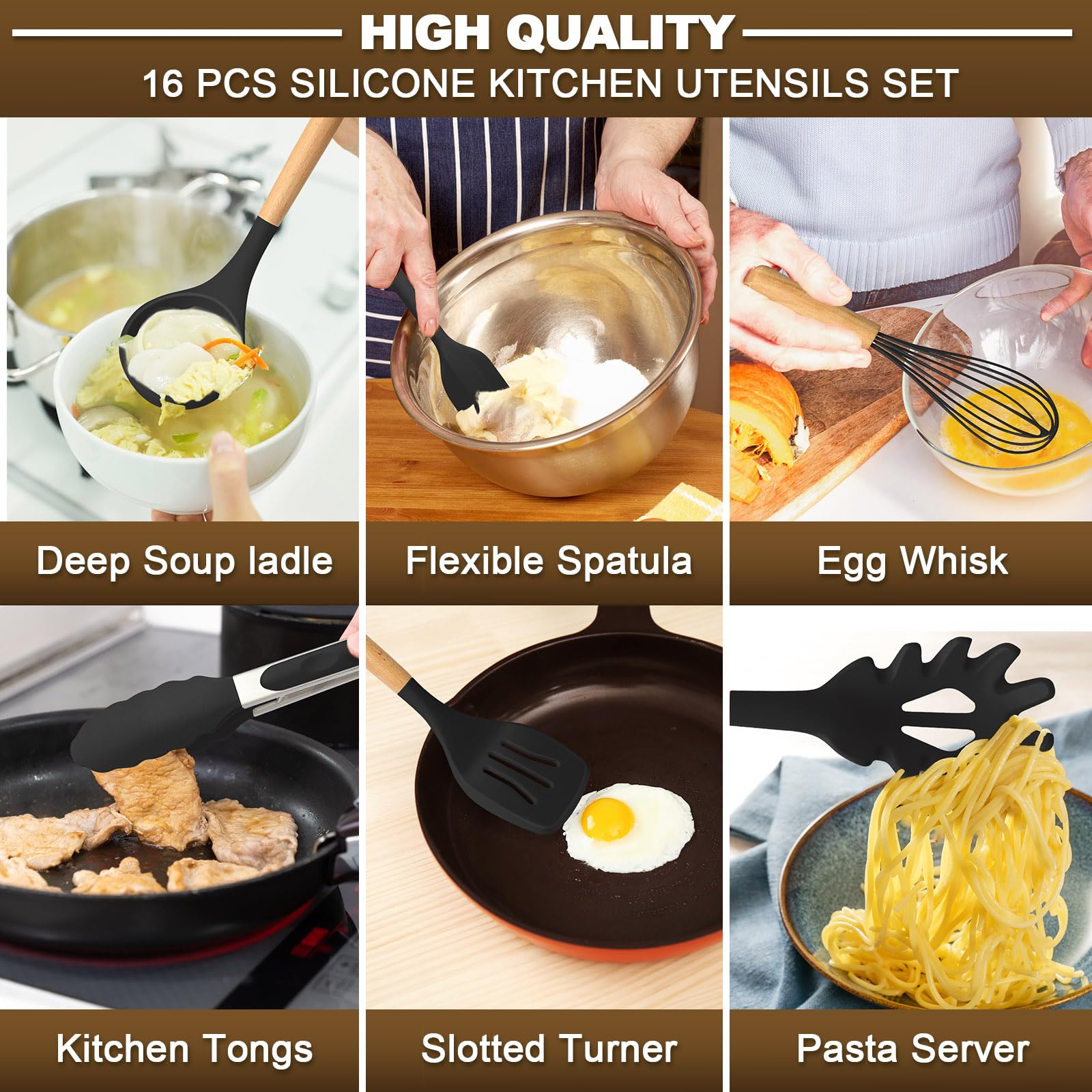 Kitchen Utensils Set, AIKKIL16 Pcs Cooking Utensils Set with Holder, Heat Resistance, Black Wooden Handle Silicone Kitchen Gadgets Utensil Set for Nonstick Cookware