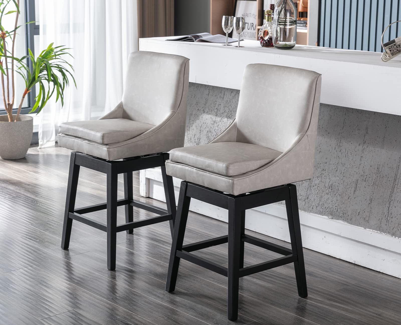 Kmax PU Leather Counter Height Bar Stools Swivel Modern Bar Stools with Wood Legs Footrest for Dining Room Kitchen Island, Set of 2- Beige