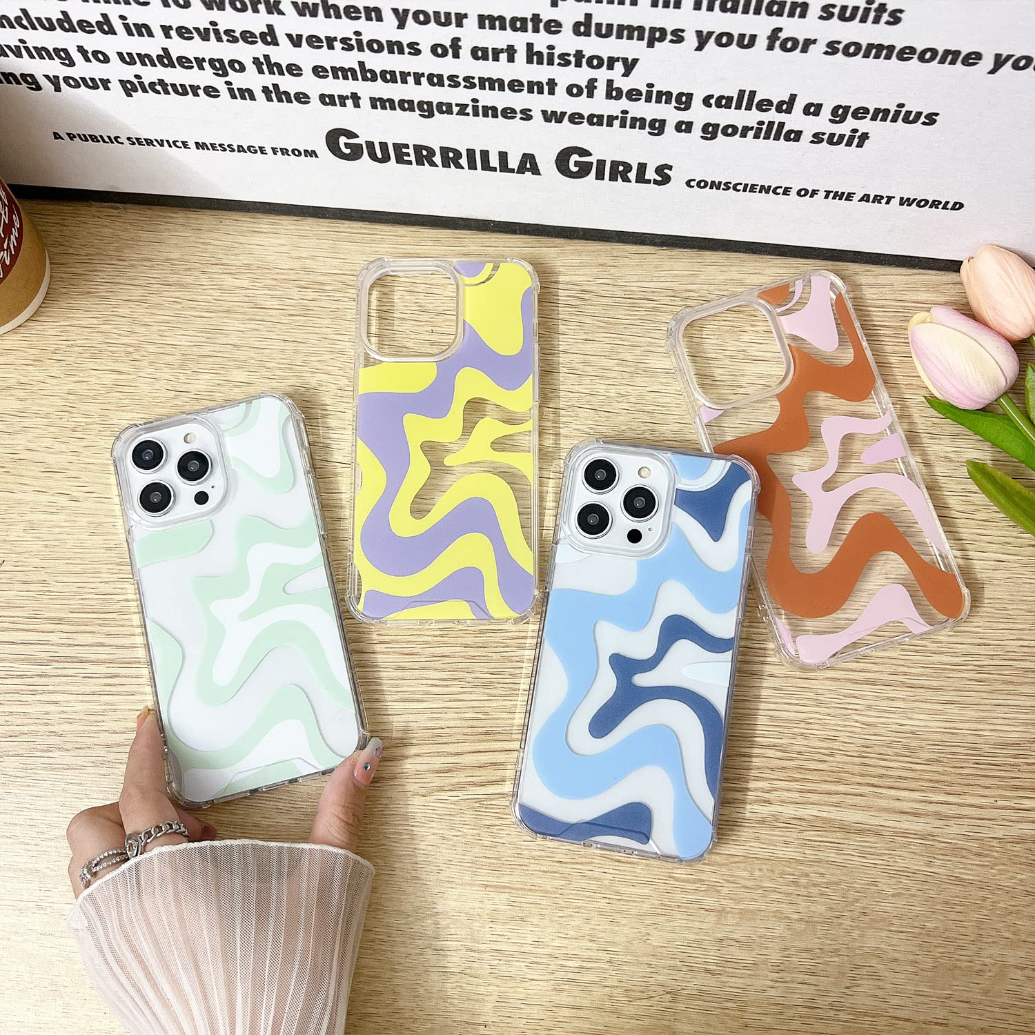 Sayoaho Compatible with iPhone 14 Pro Max Phone Case, Cute Art Wavy Painted for Women Girls, Soft TPU Edge PC Back Protective Shockproof Phone Case-Green